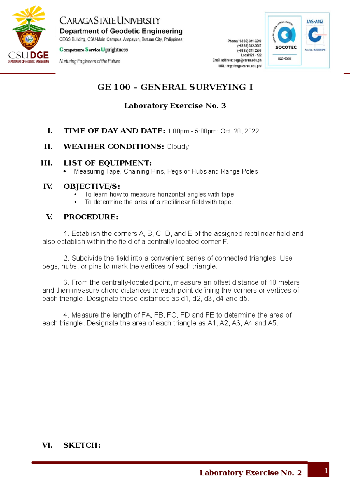 Lab Report 3 GE100: Measuring Horizontal Angles & Field Area - Studocu