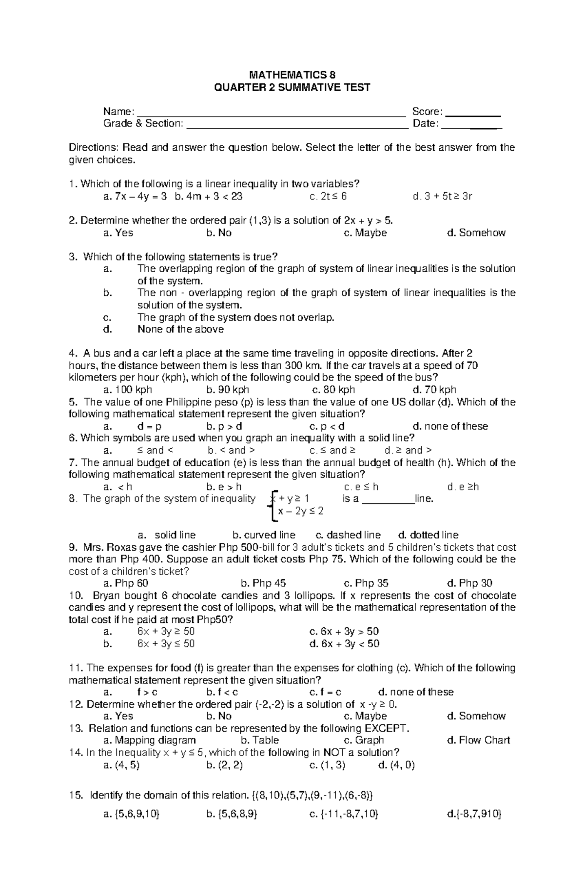 MATHEMATICS 8 2ND QUARTER SUMMATIVE TEST QUESTIONNAIRE - Studocu