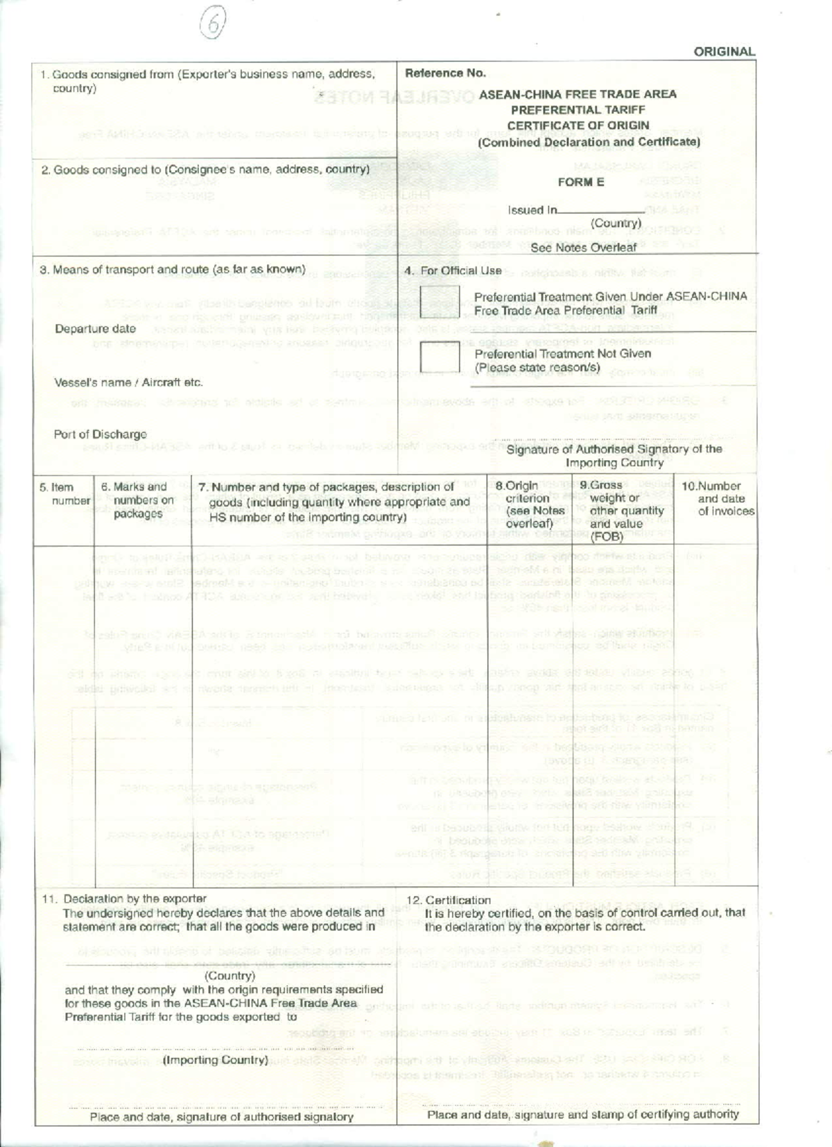 Free Trade Area Preferential Tariff Certificate of Origin Form E-góc ...