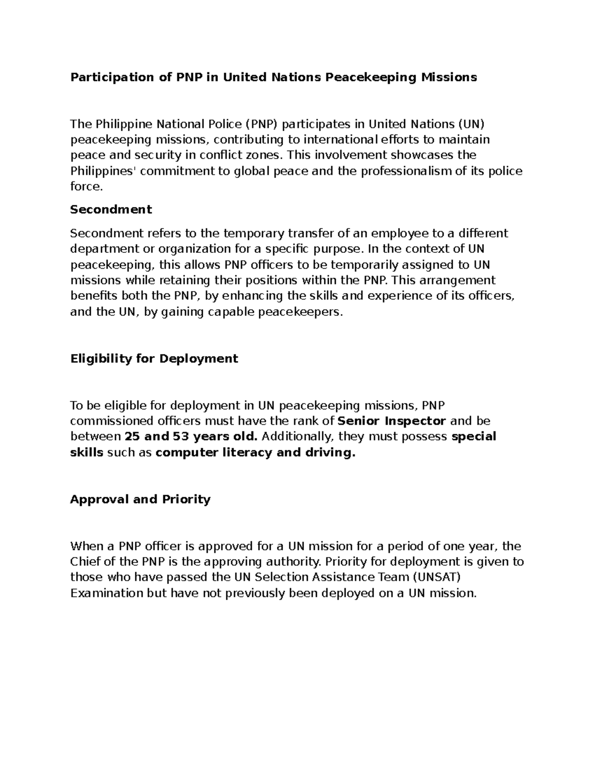 PNP Participation in UN Peacekeeping Missions: Roles & Impact - Studocu