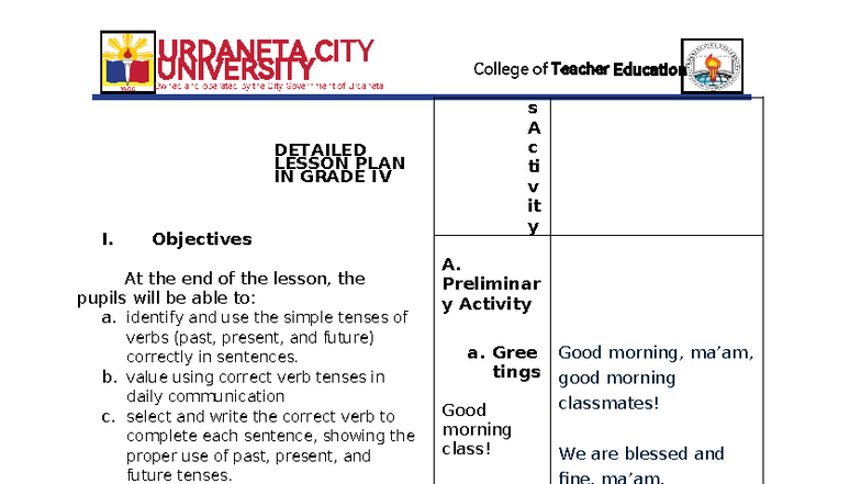 Detailed Lesson Plan in English DLP Grade IV: Simple Tenses of Verbs ...