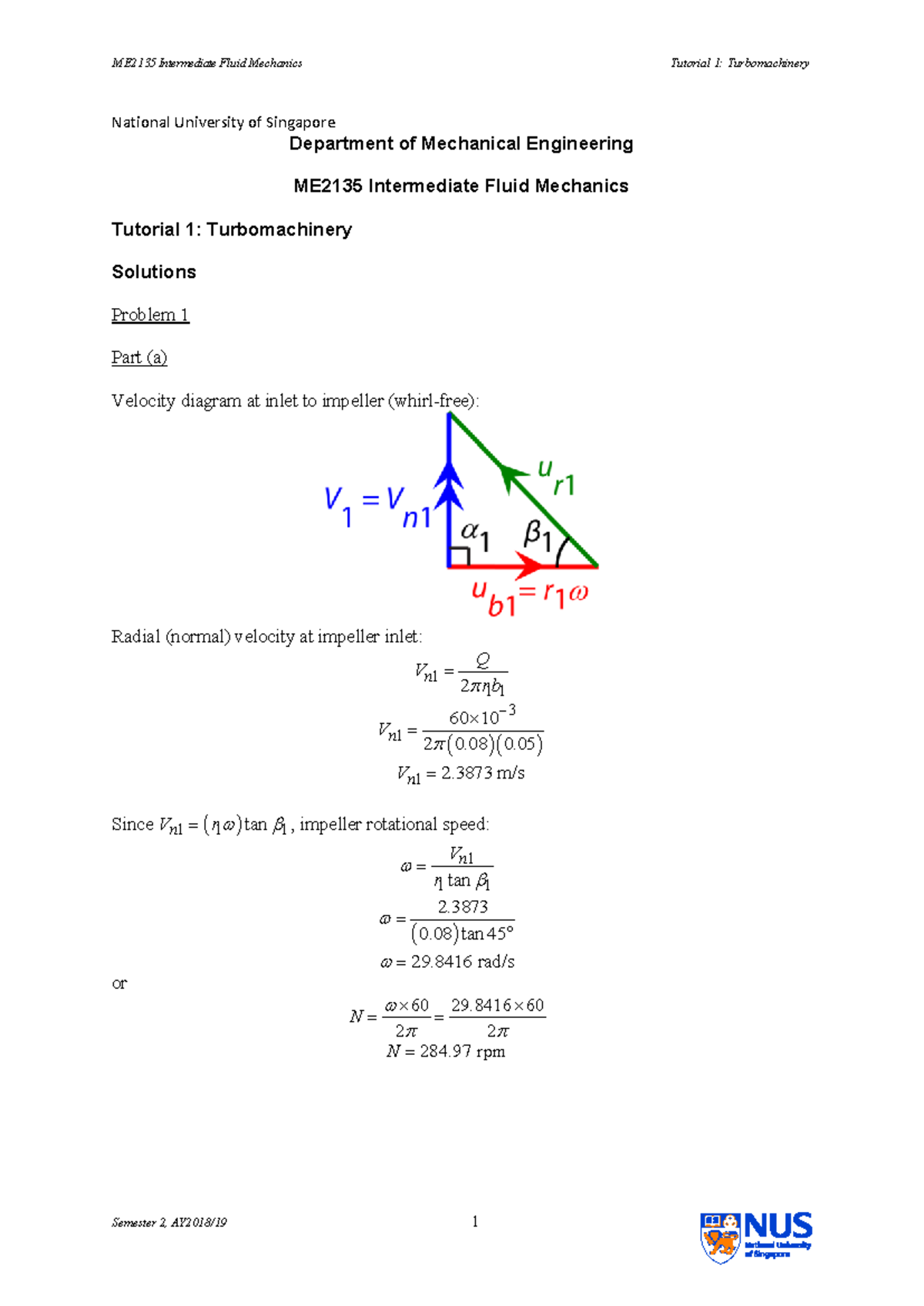ME2135 Intermediate Fluid Mechanics Tutorial 1 Solutions on ...