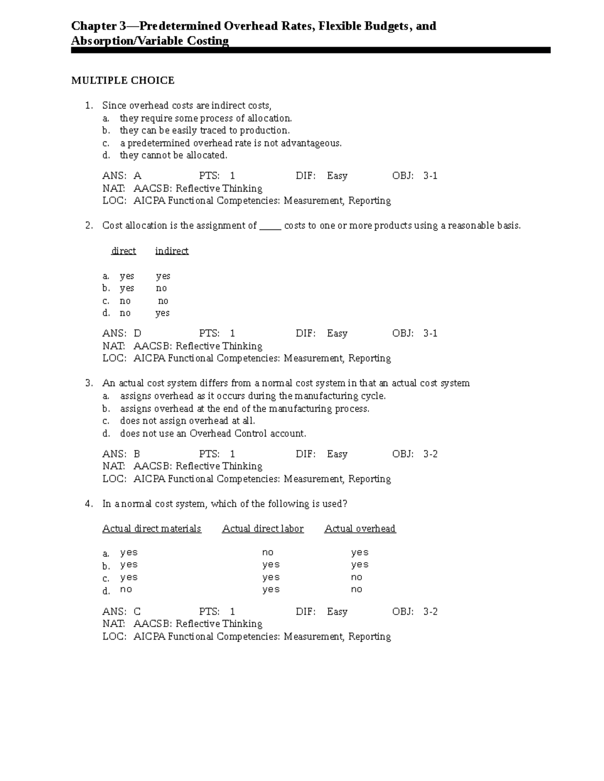 361 Chapter 3 MC Solutions: Overhead Rates & Costing Methods - Studocu