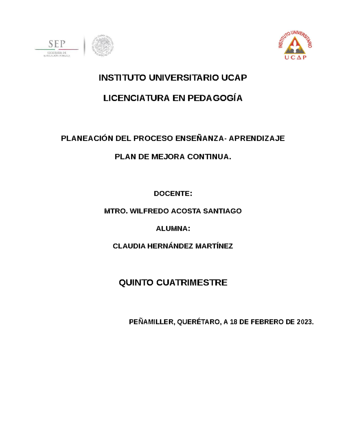 Plan de Mejora Continua - Ejemplo PEMC - Licenciatura en Pedagogía ...