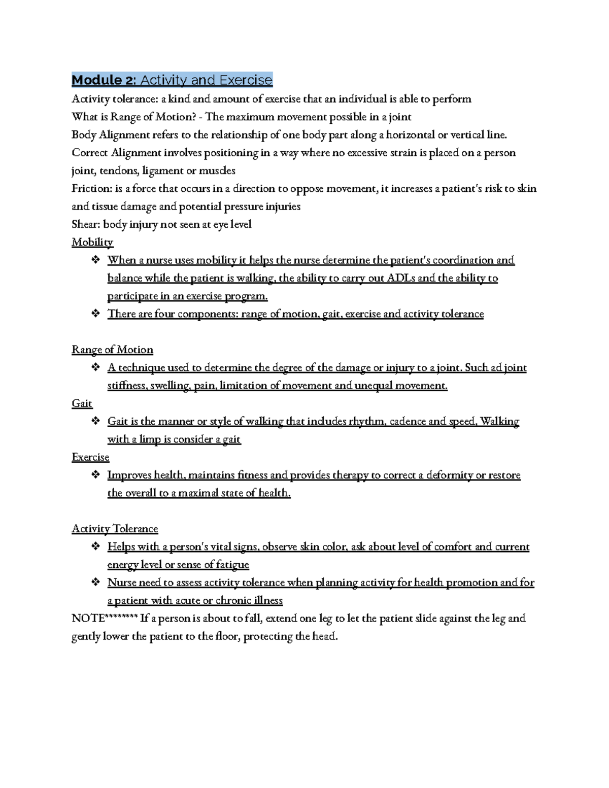 Module 2 - Activity and Exercise in Nursing Fundamentals - Studocu