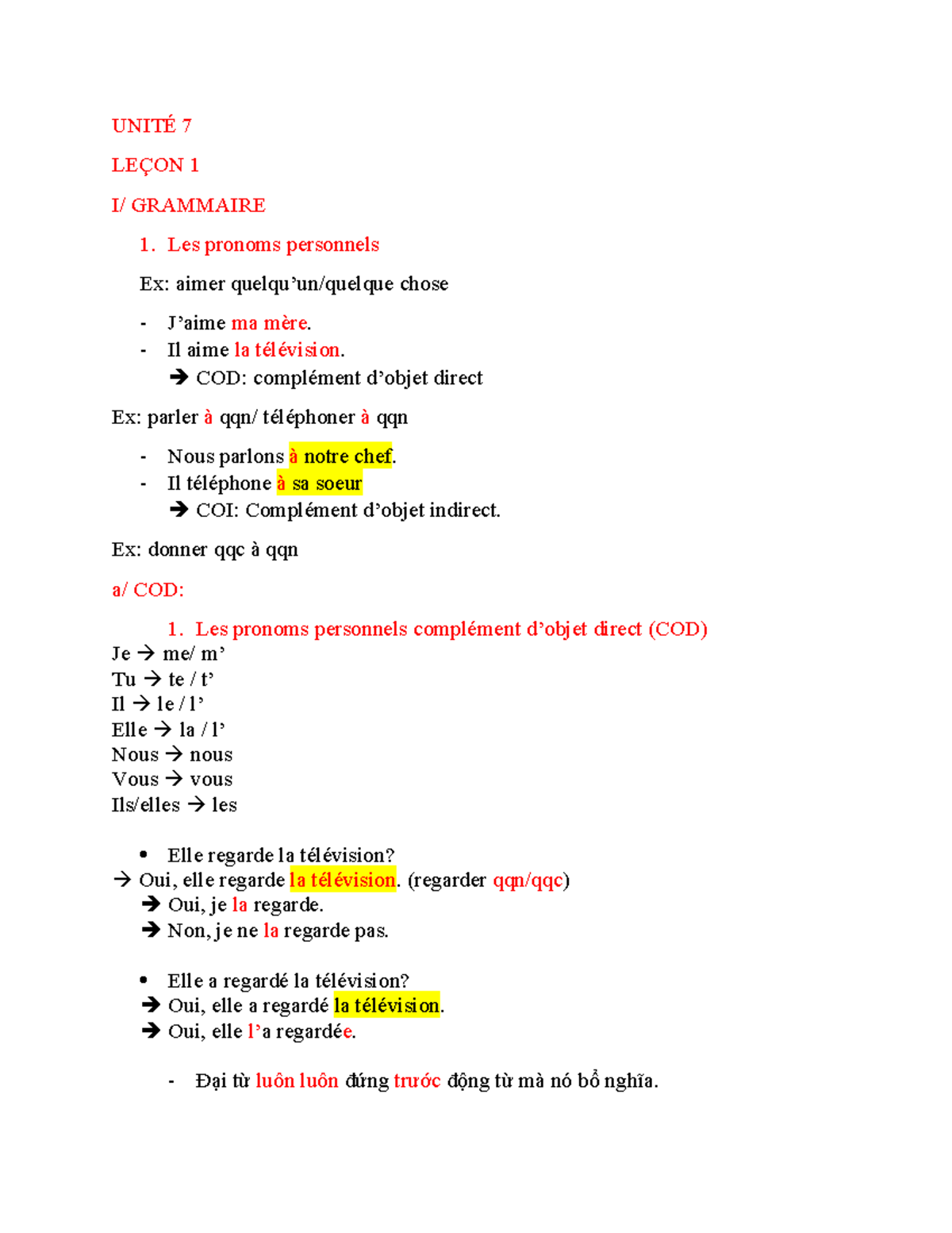 Unité 7 - Leçon 1 - Grammaire et Pronoms Personnels - Studocu