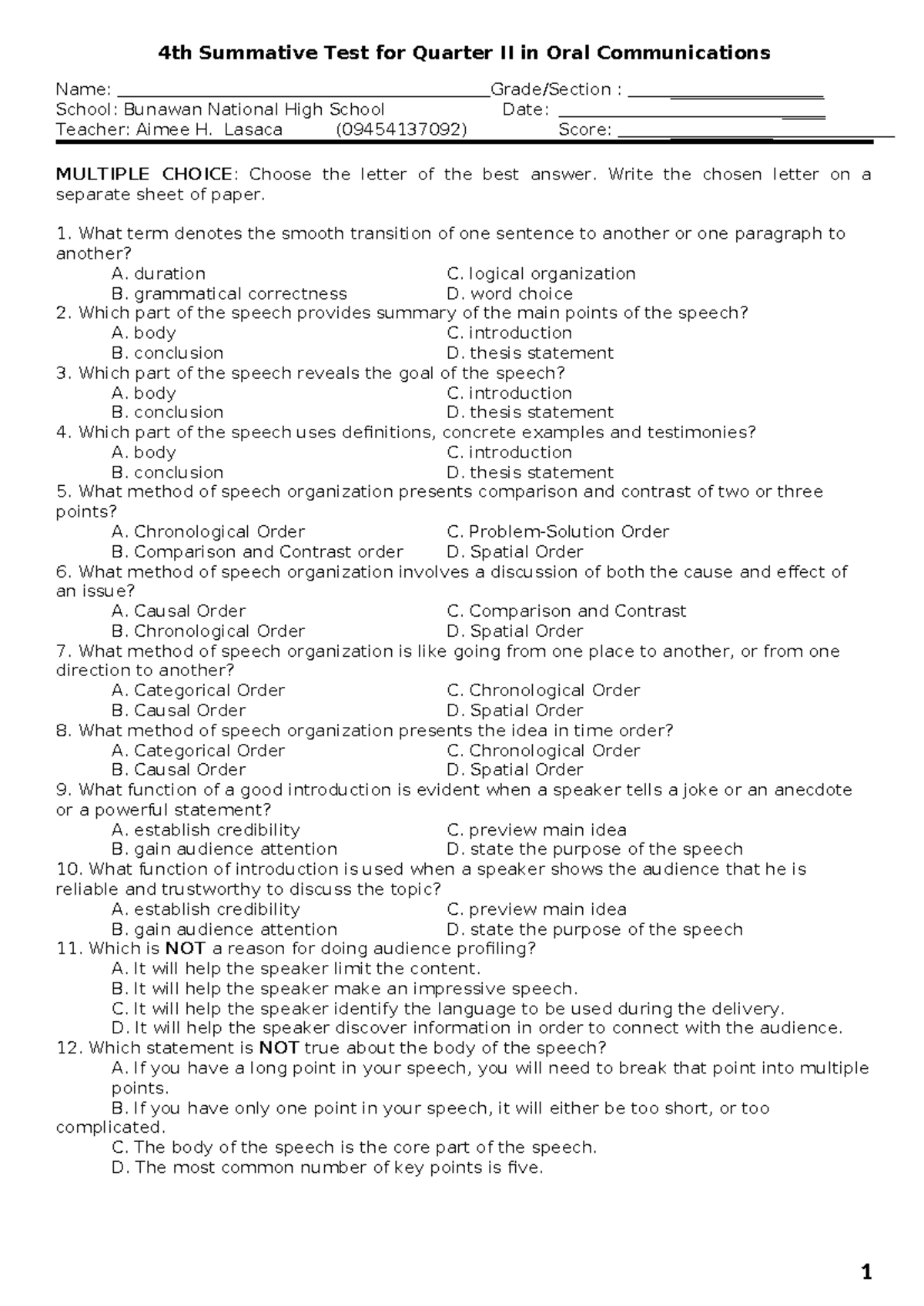 4th Summative Test Q2: Oral Communications Multiple Choice Questions ...