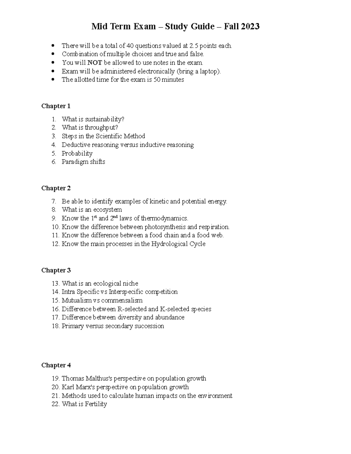 Study Guide Mid Term Fall 2023 - Mid Term Exam – Study Guide – Fall 2023 There will be a total ...