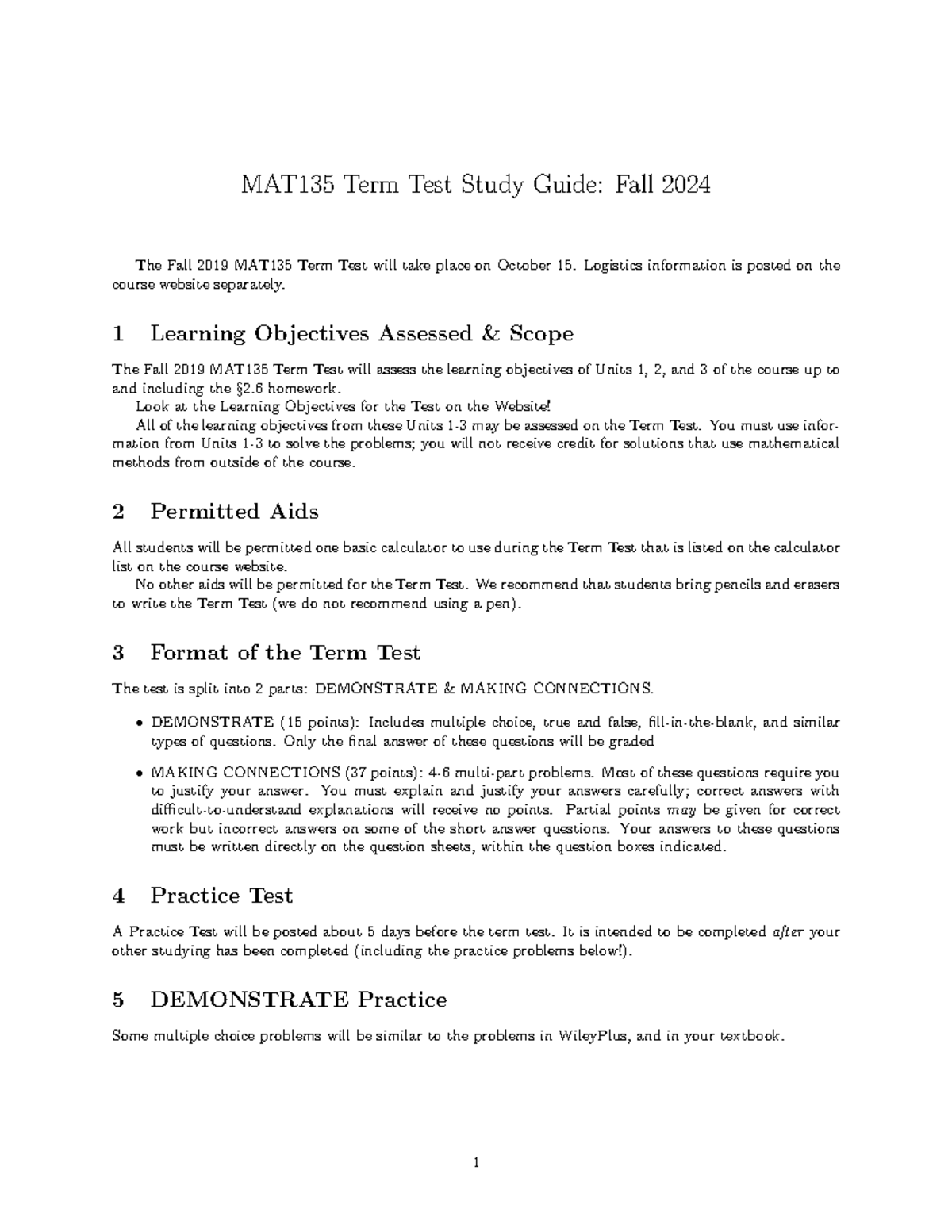 Term Test Review 2024 - MAT135 Term Test Study Guide: Fall 2024 The ...