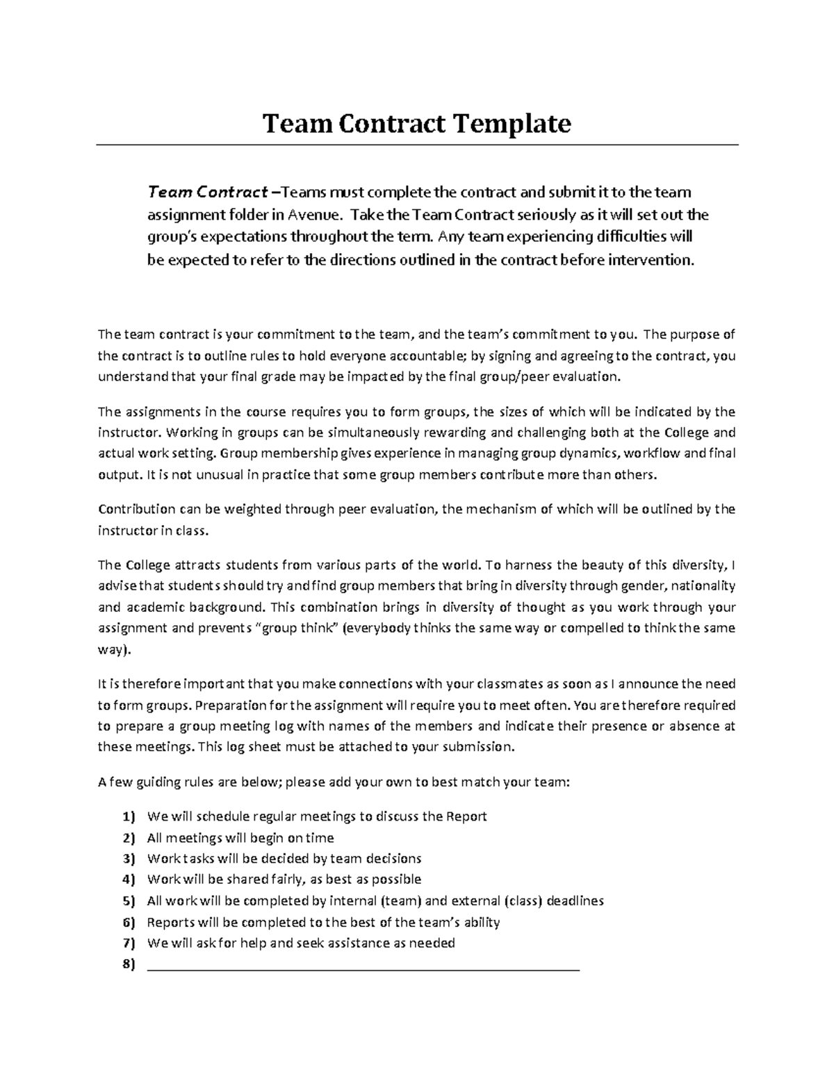 Team Contract Template for Group Assignments - Studocu