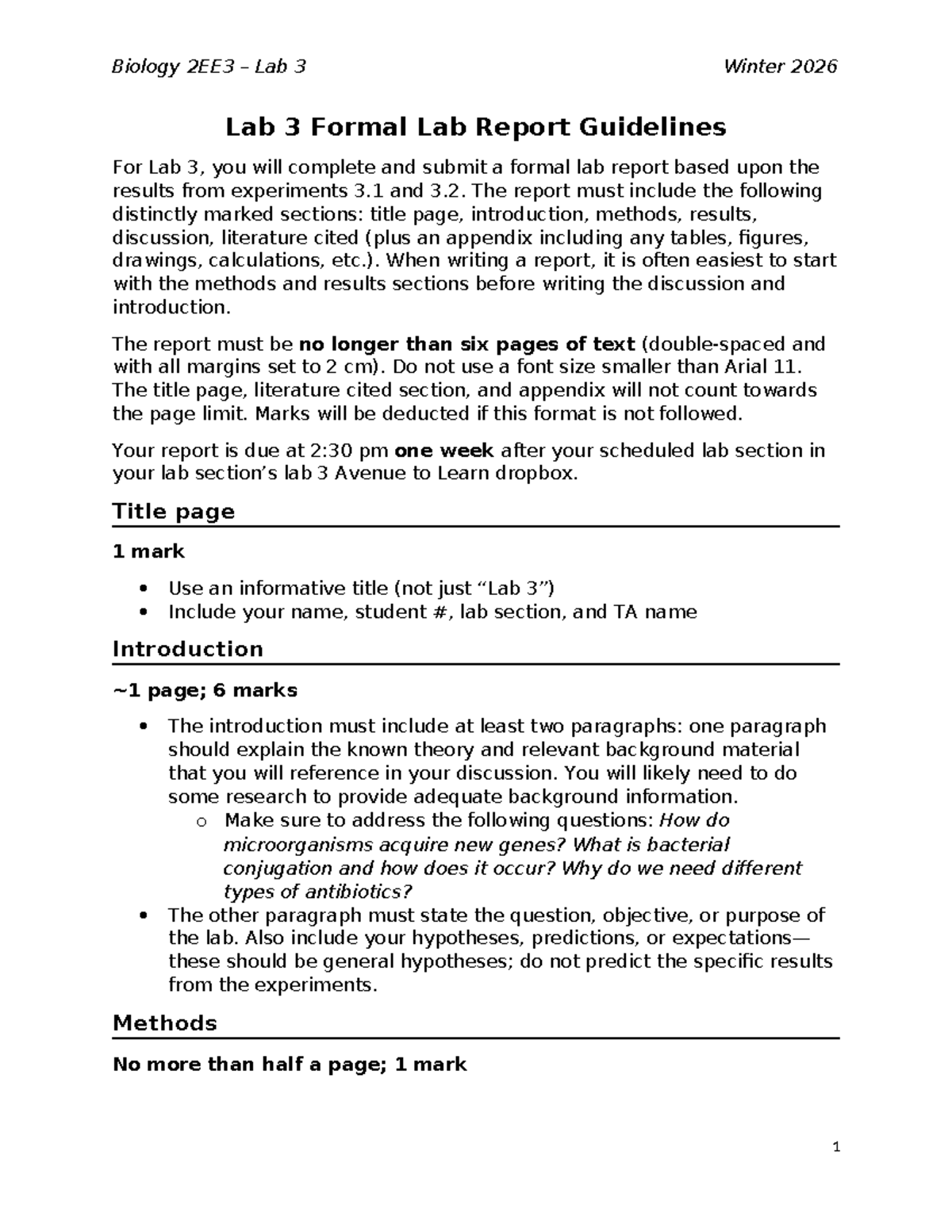 Biology 2EE3 Lab 3 Winter 2026 Formal Lab Report Guidelines - Studocu