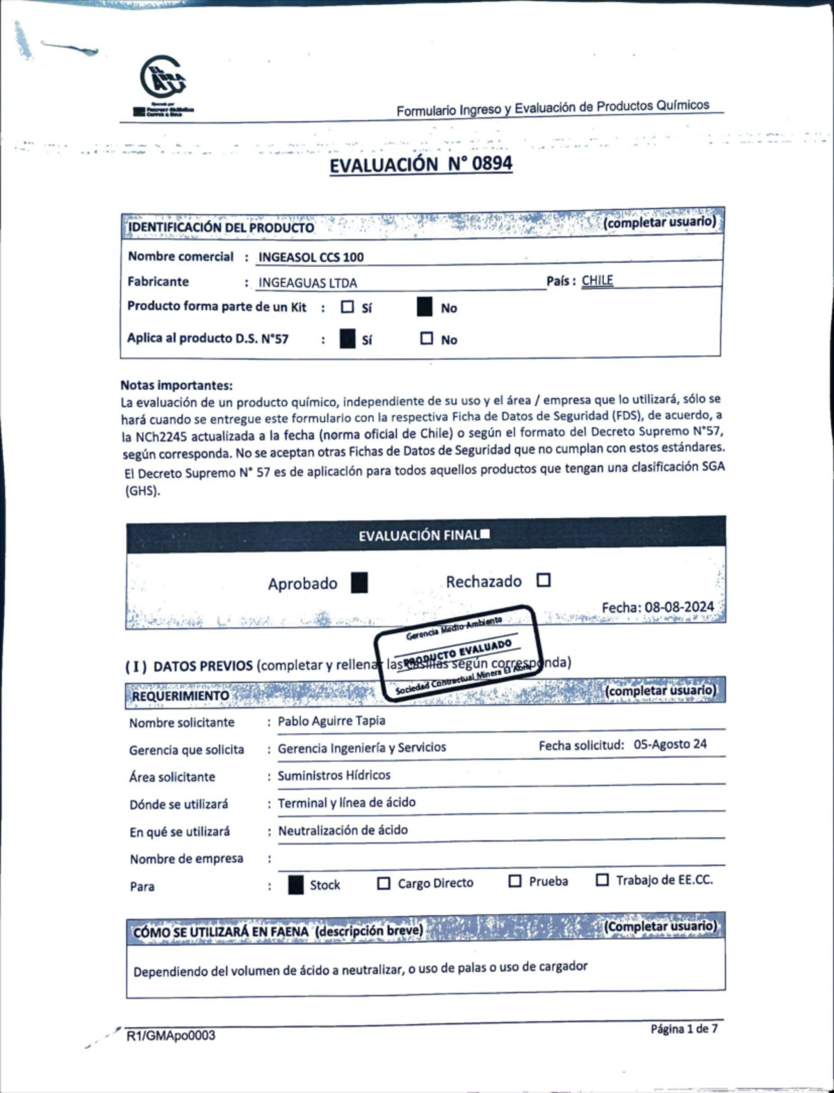 Formulario de Ingreso y Evaluación de Productos Químicos - CALD 0894 ...