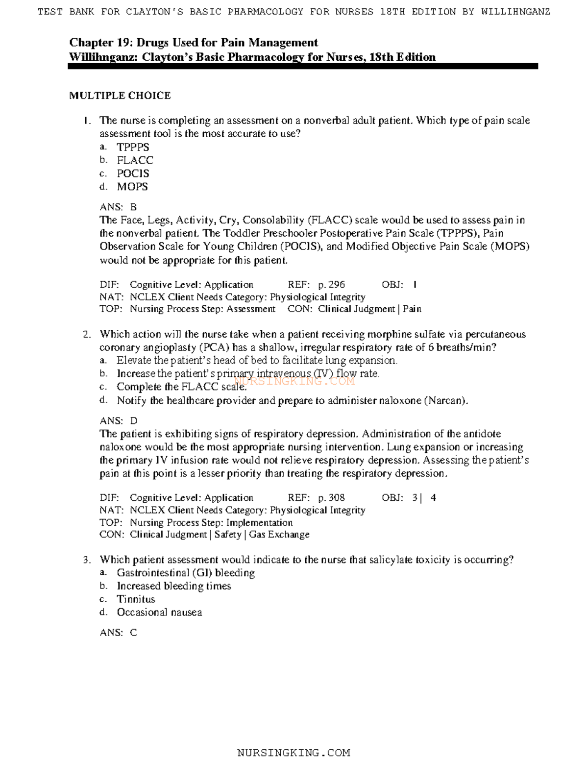 NURSING 19 - Chapter 19 Test Bank: Pain Management Questions & Answers ...