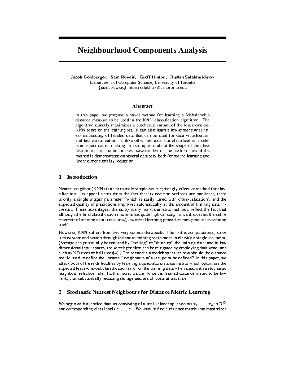 Nca - Gis Notes - Neighbourhood Components Analysis Jacob Goldberger ...
