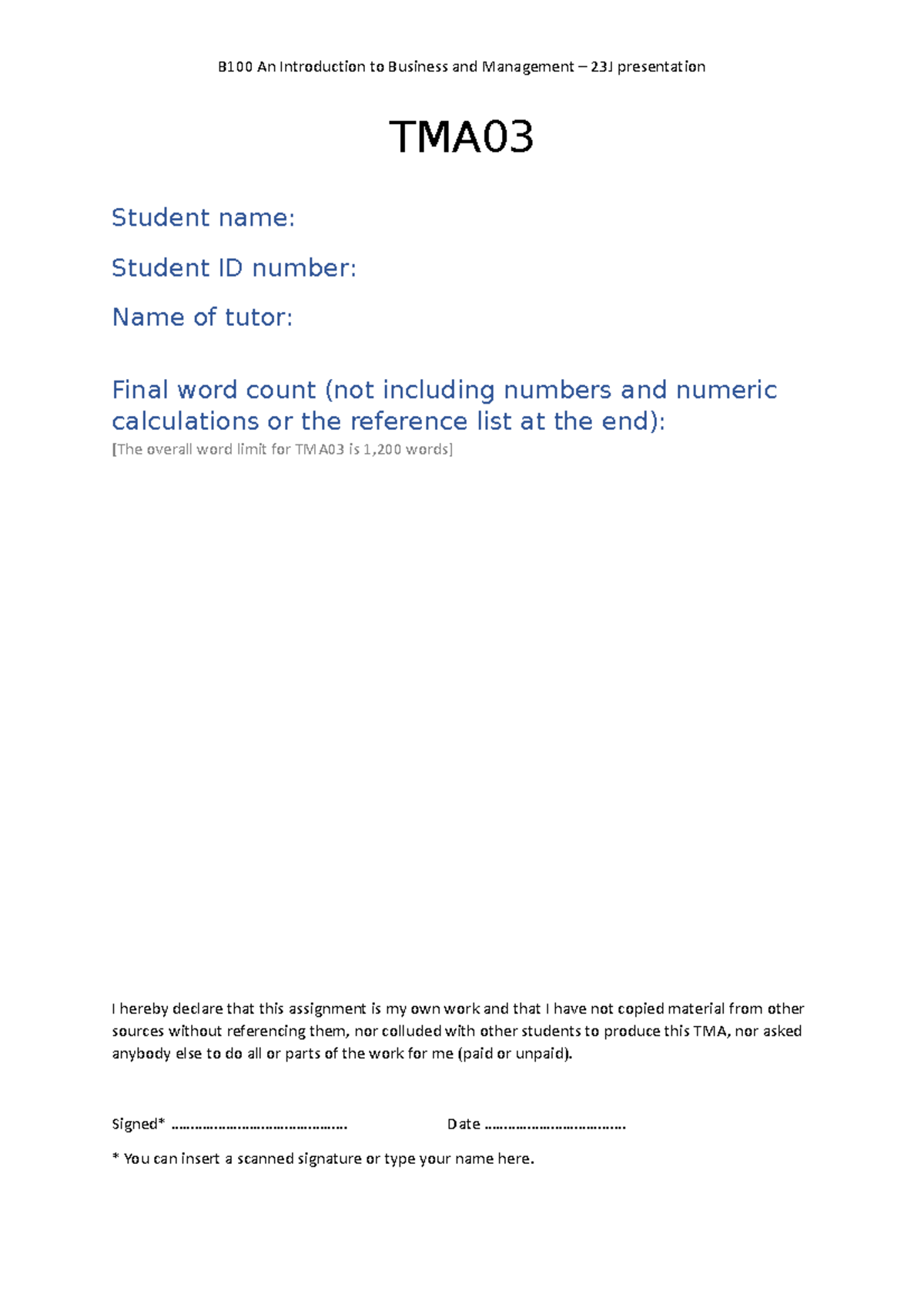 B100 23J TMA03 Final Submission Template and Guidance - Studocu