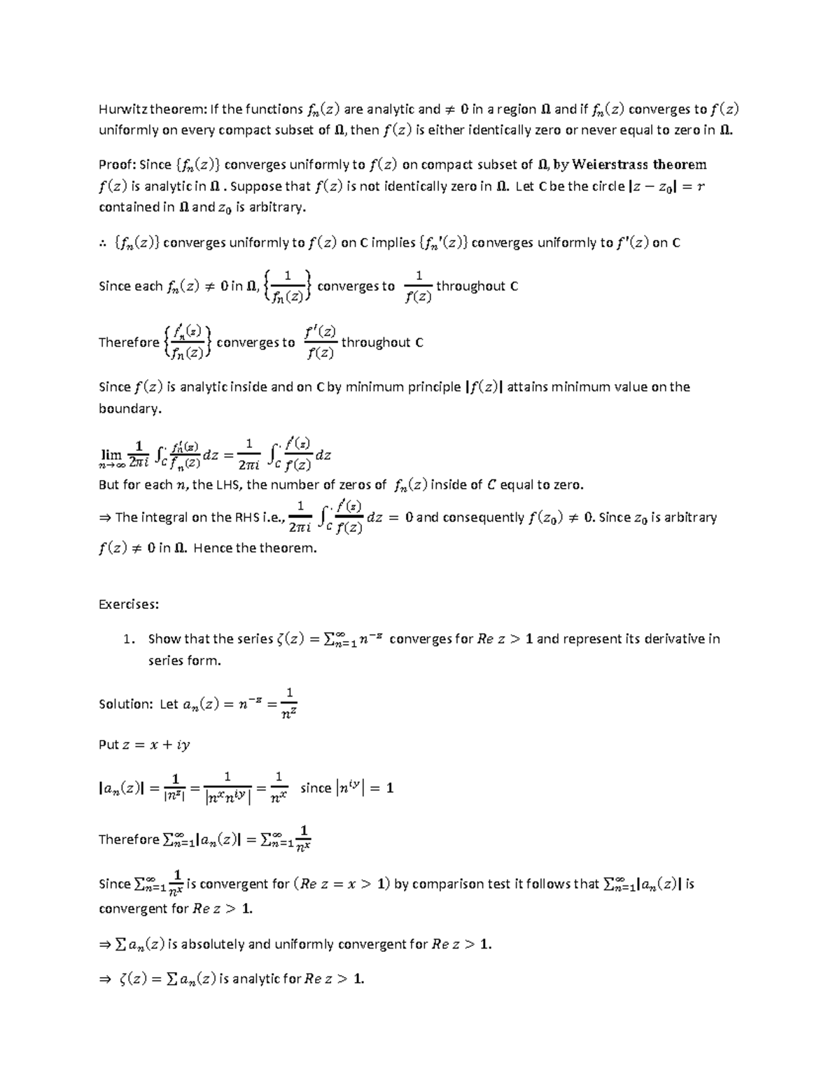 Hurwitz Theorem: Analytic Functions and Uniform Convergence Proof - Studocu
