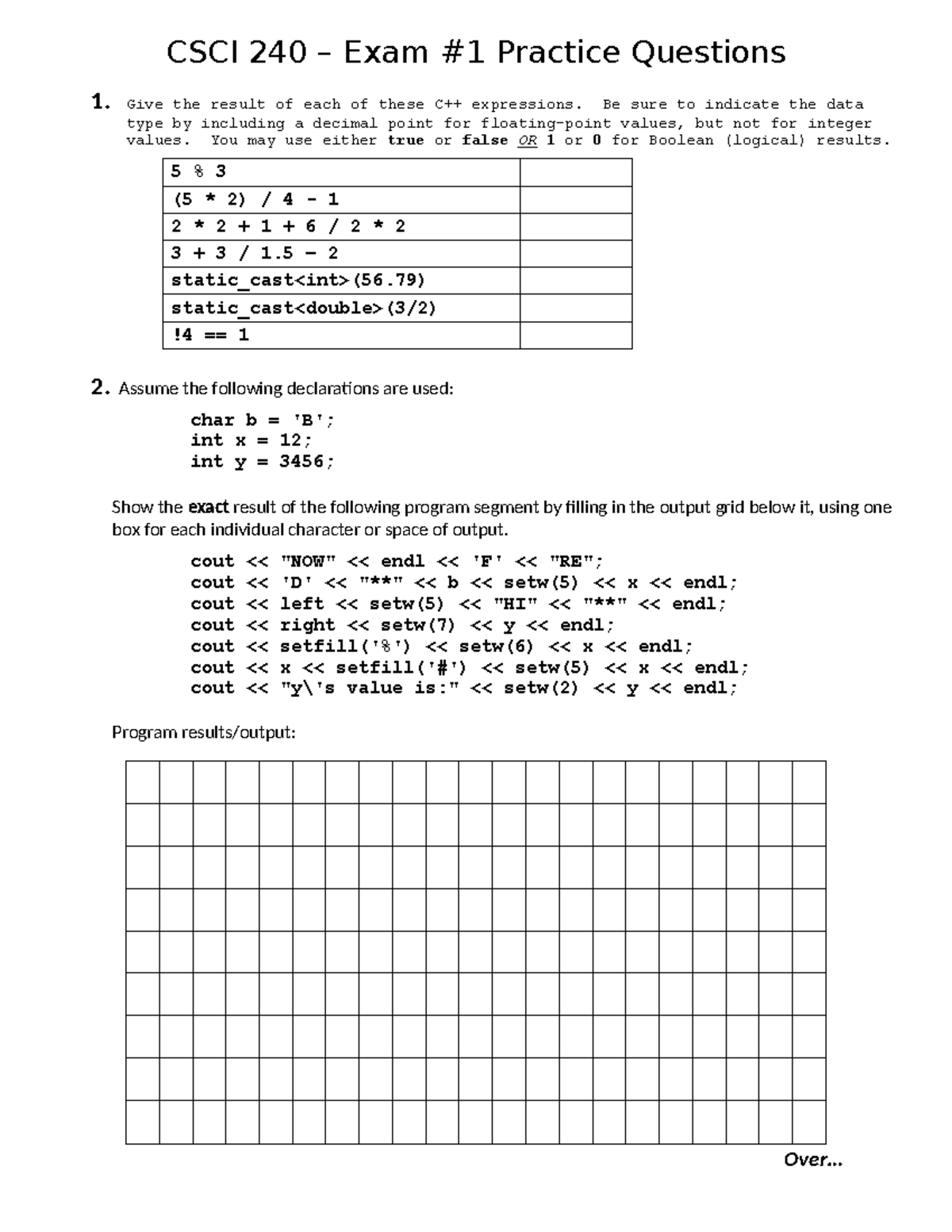 Csci 240 Exam 1 Practice Questions Review Materials Studocu