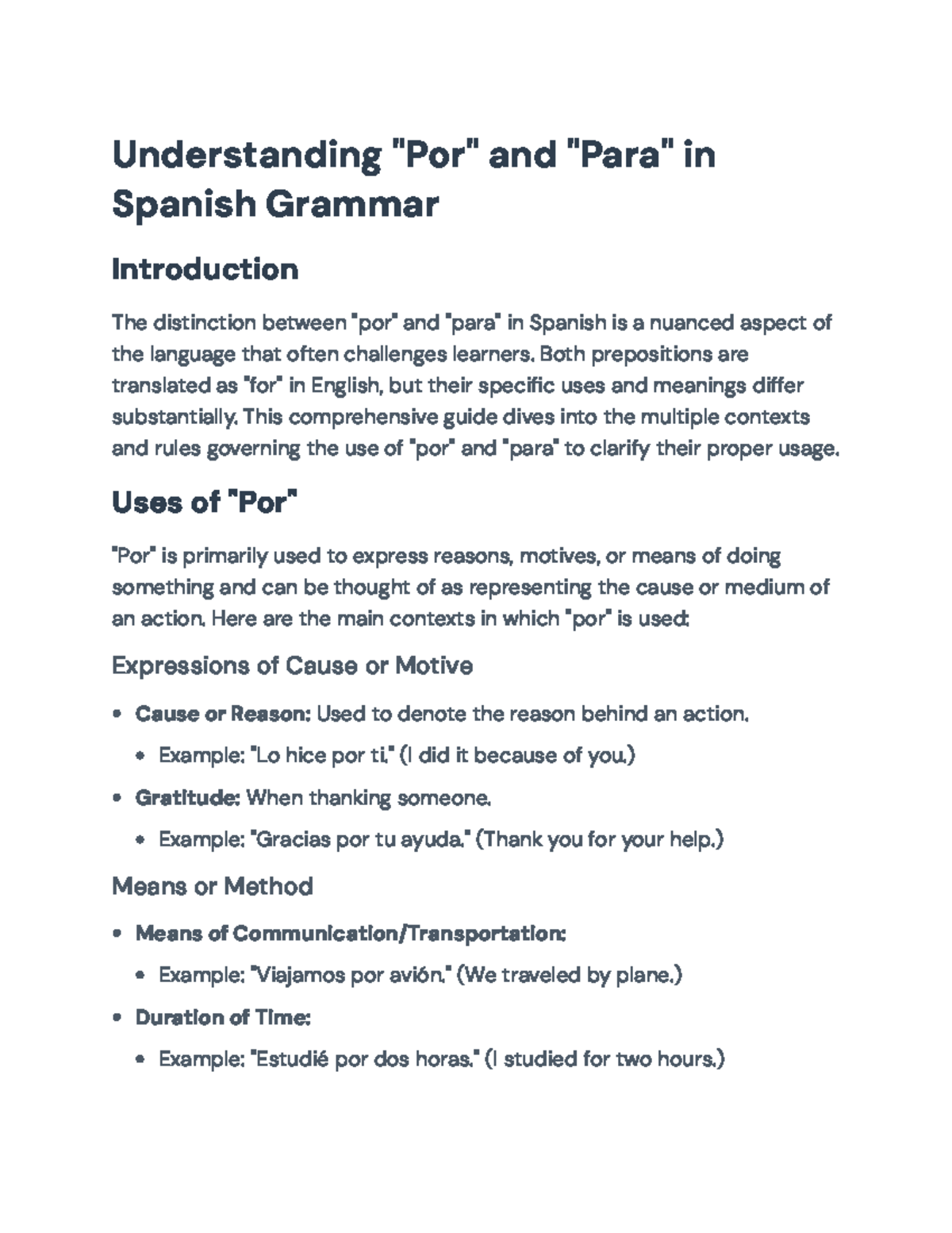 Understanding "Por" and "Para" in Spanish Grammar: A Comprehensive ...