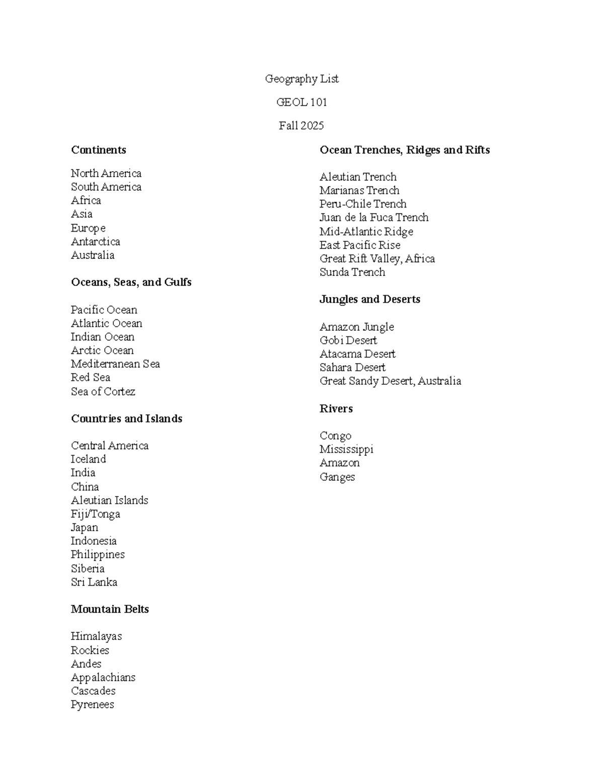Geography Overview and Key Topics for GEOL 101 - Fall 2025 - Studocu