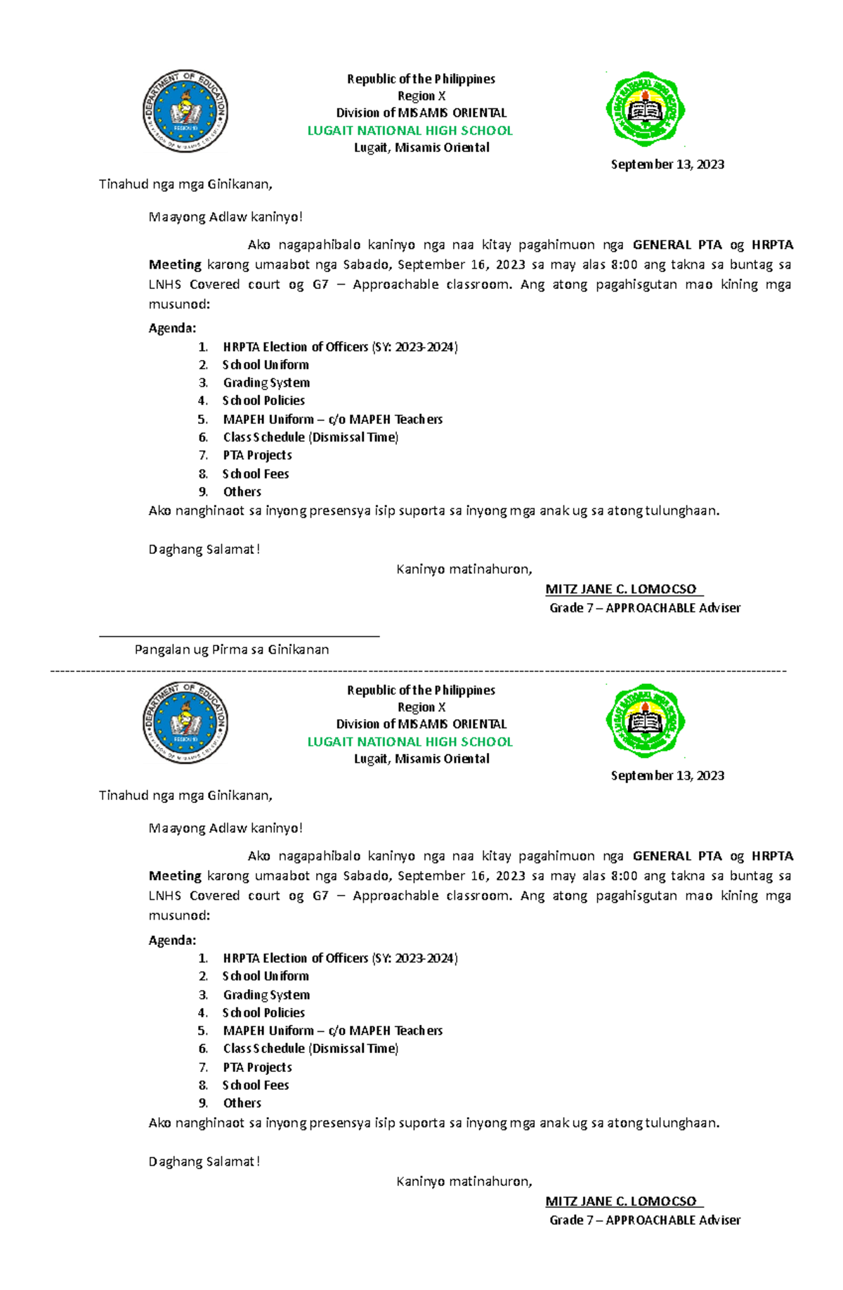 HRPTA Meeting Notice for Parents - September 16, 2023, G7 - Studocu