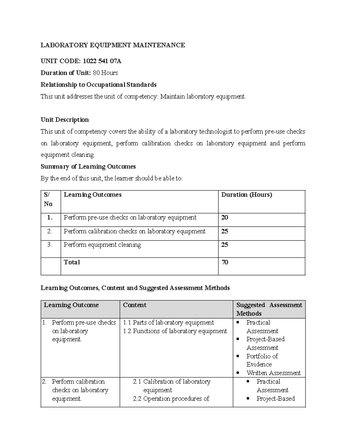 Laboratory Equipment Maintenance Course Outline - Unit Code: 1022 541 ...