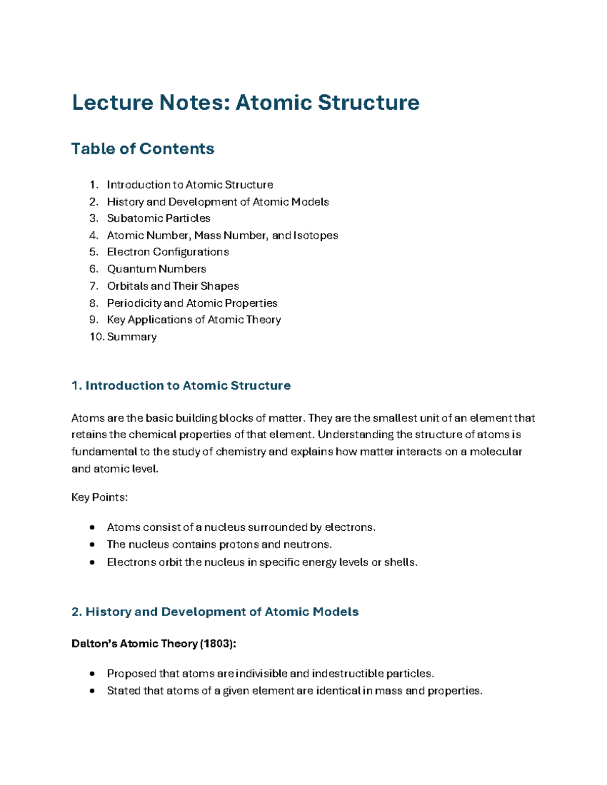 Atomic Structure - Lecture Notes: Atomic Structure Table of Contents ...