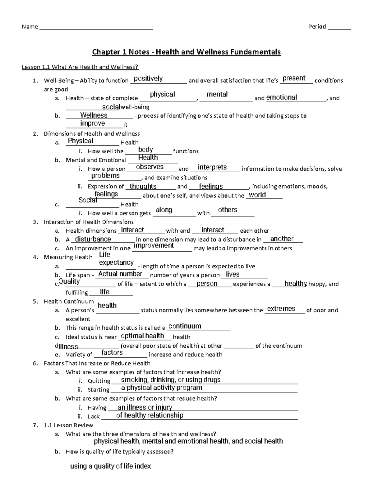 Chapter 1 Student Notes: Health & Wellness Fundamentals (Lesson 1.1 ...