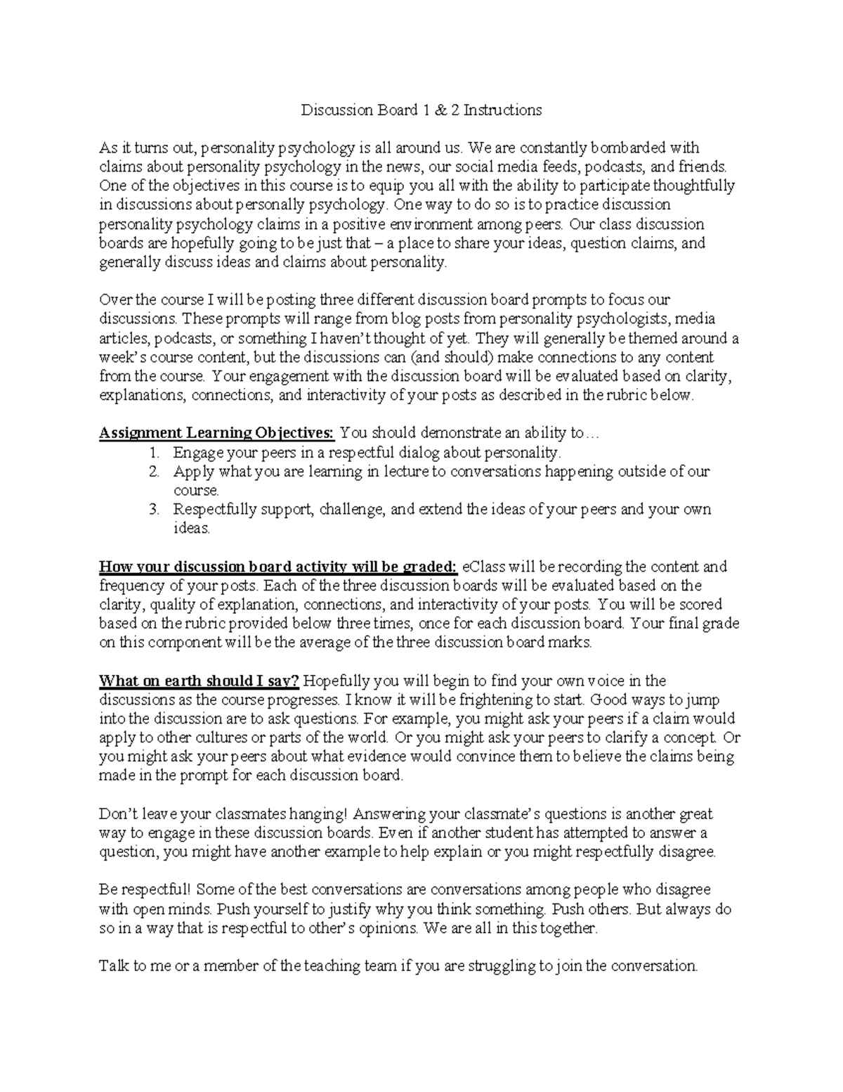 Personality Psychology Discussion Board 1 & 2 Instructions - Studocu