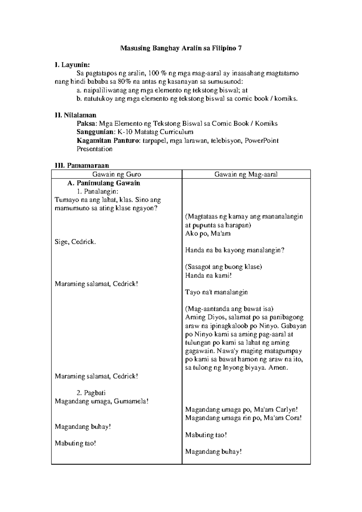 Lesson Plan sa Filipino 7: Mga Elemento ng Tekstong Biswal sa Komiks ...