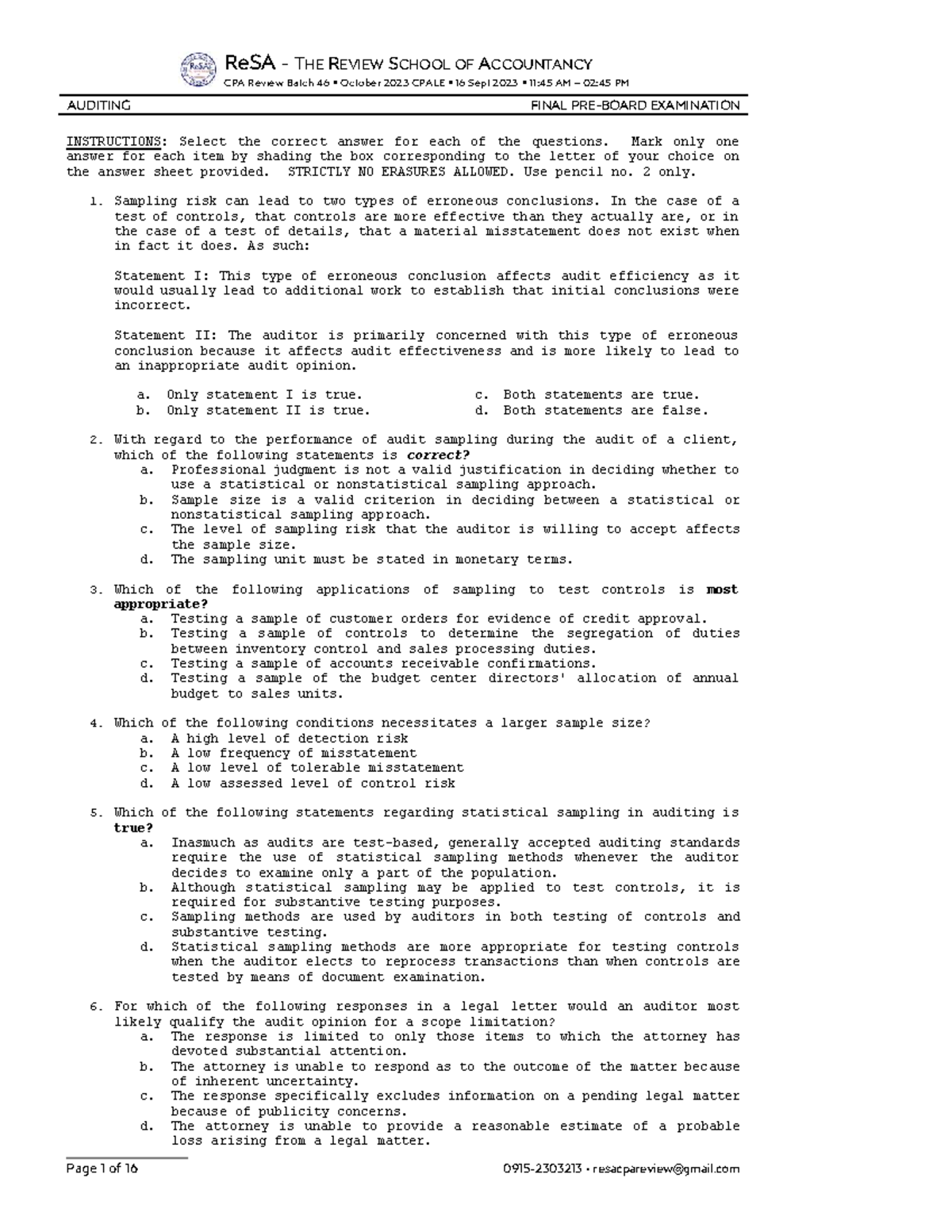 RESA 46 AUD Final Pre-Board Exam Questions & Answer Key - Studocu