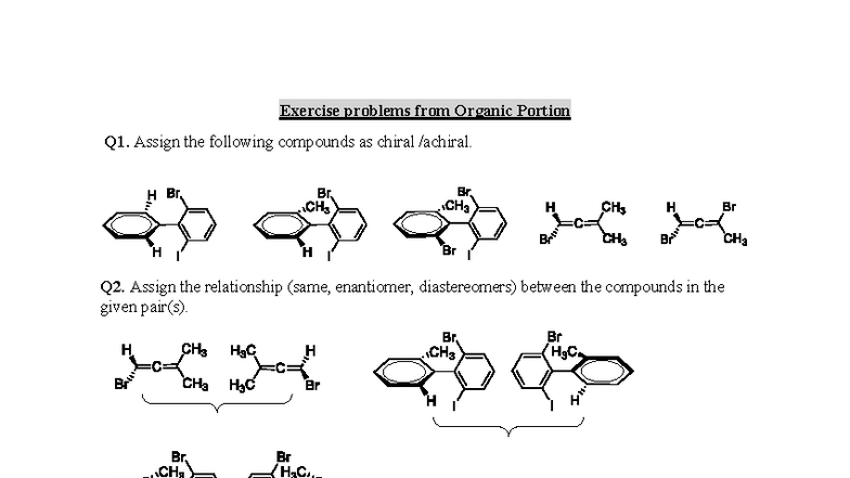 Organic Chemistry Exercise Problems: Chirality & Stereochemistry - Studocu