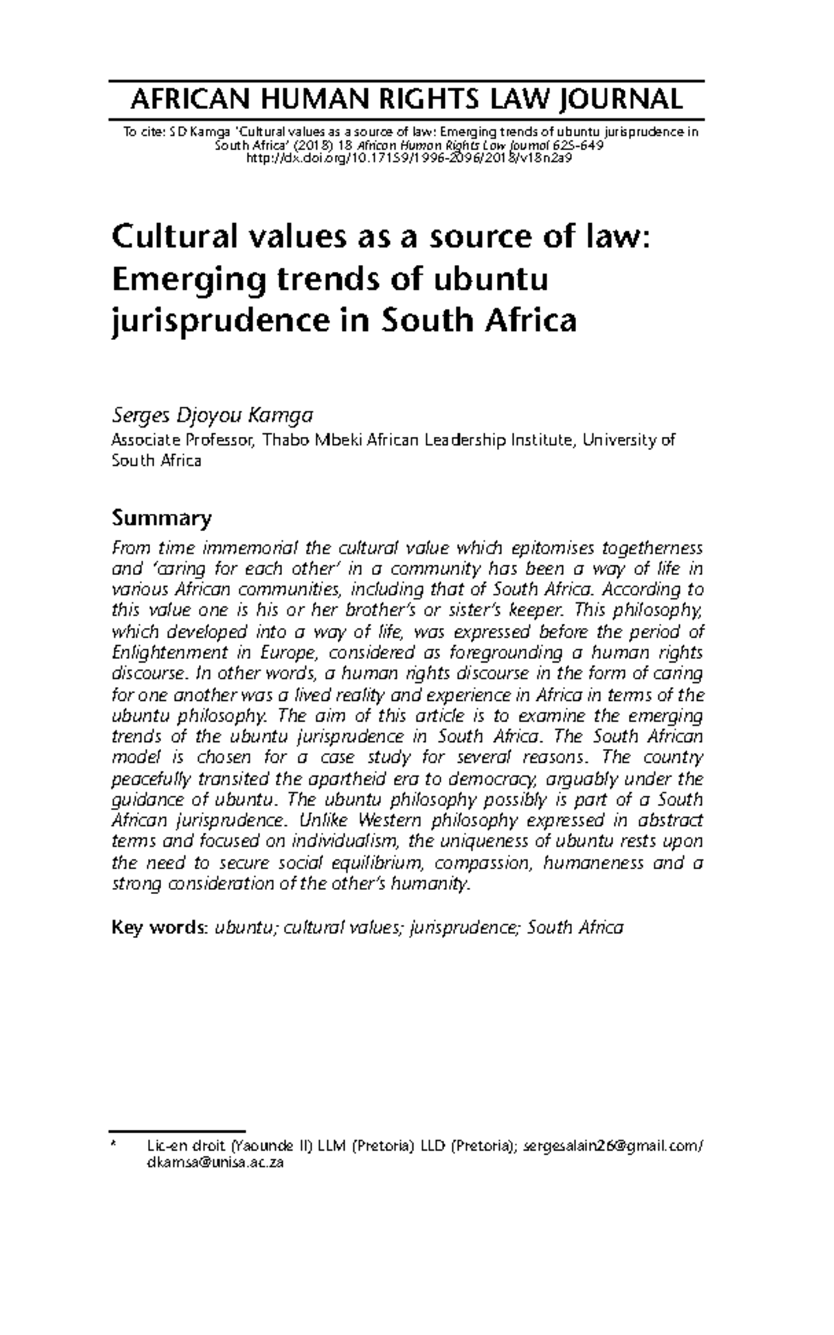 Cultural Values as a Source of Law: Ubuntu Jurisprudence in South ...