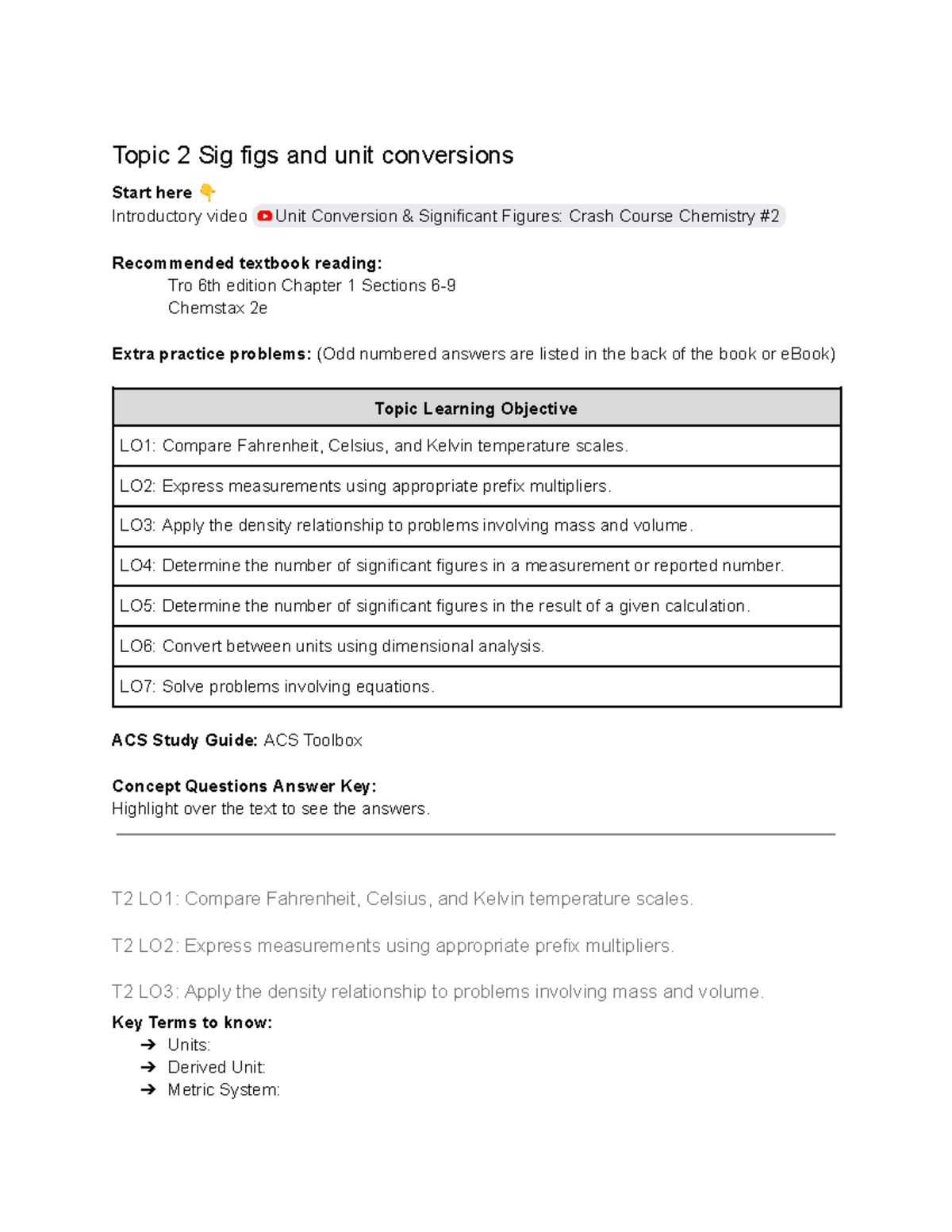 Chemistry Unit Conversions & Sig Figs Study Guide (T2 LO1-7) - Studocu