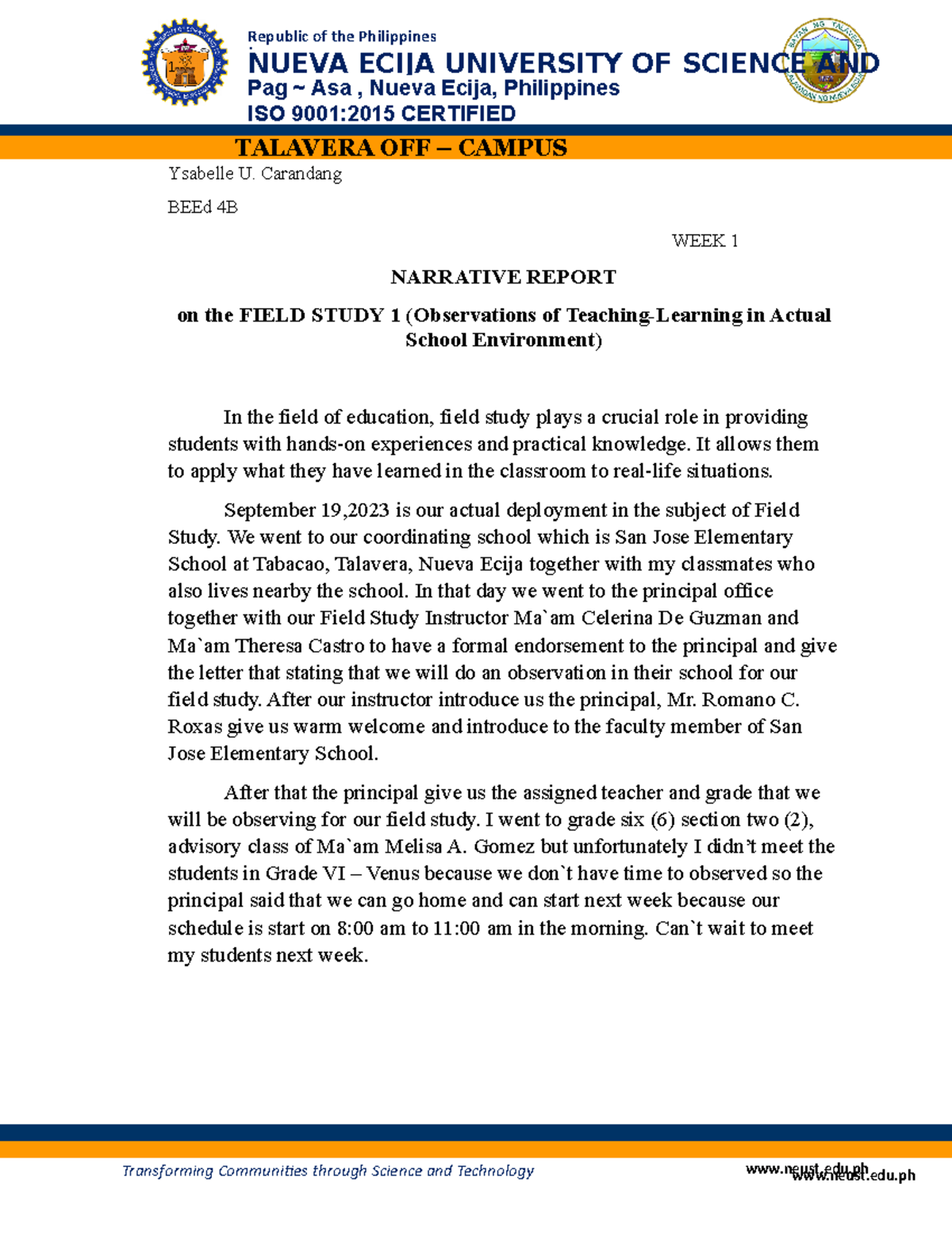 BEEd 4B - Week 1 Narrative Report on Field Study 1 Observations - Studocu