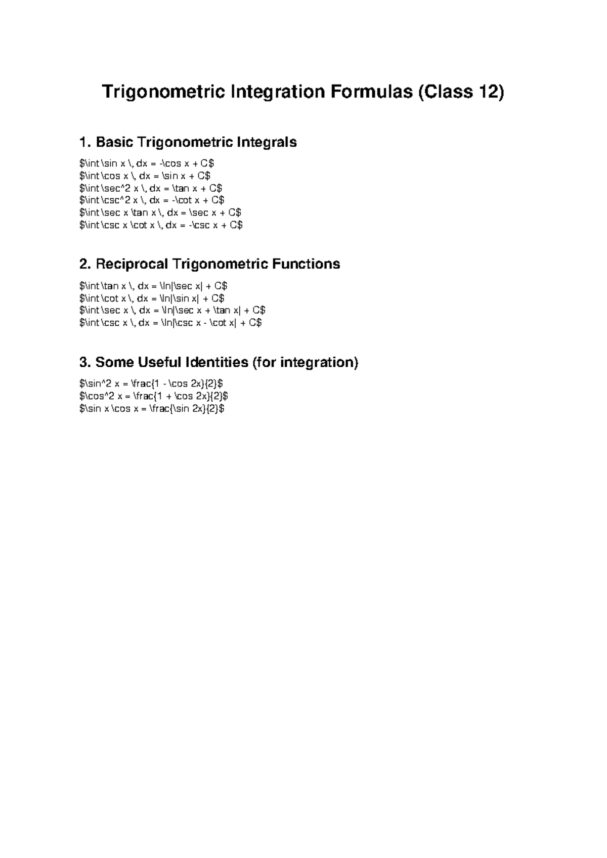Trigonometric Integration Formulas - Basic Trigonometric Integrals ...