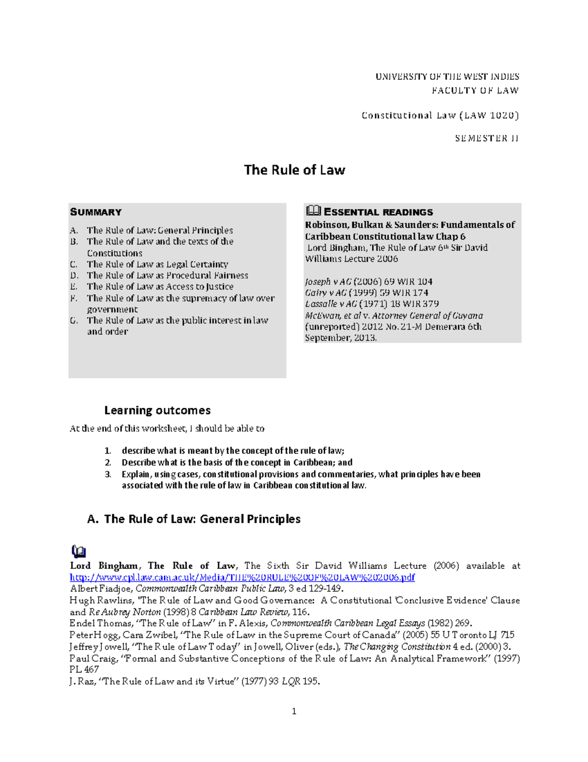 LAW 1020: Constitutional Law - The Rule of Law Summary and Readings ...