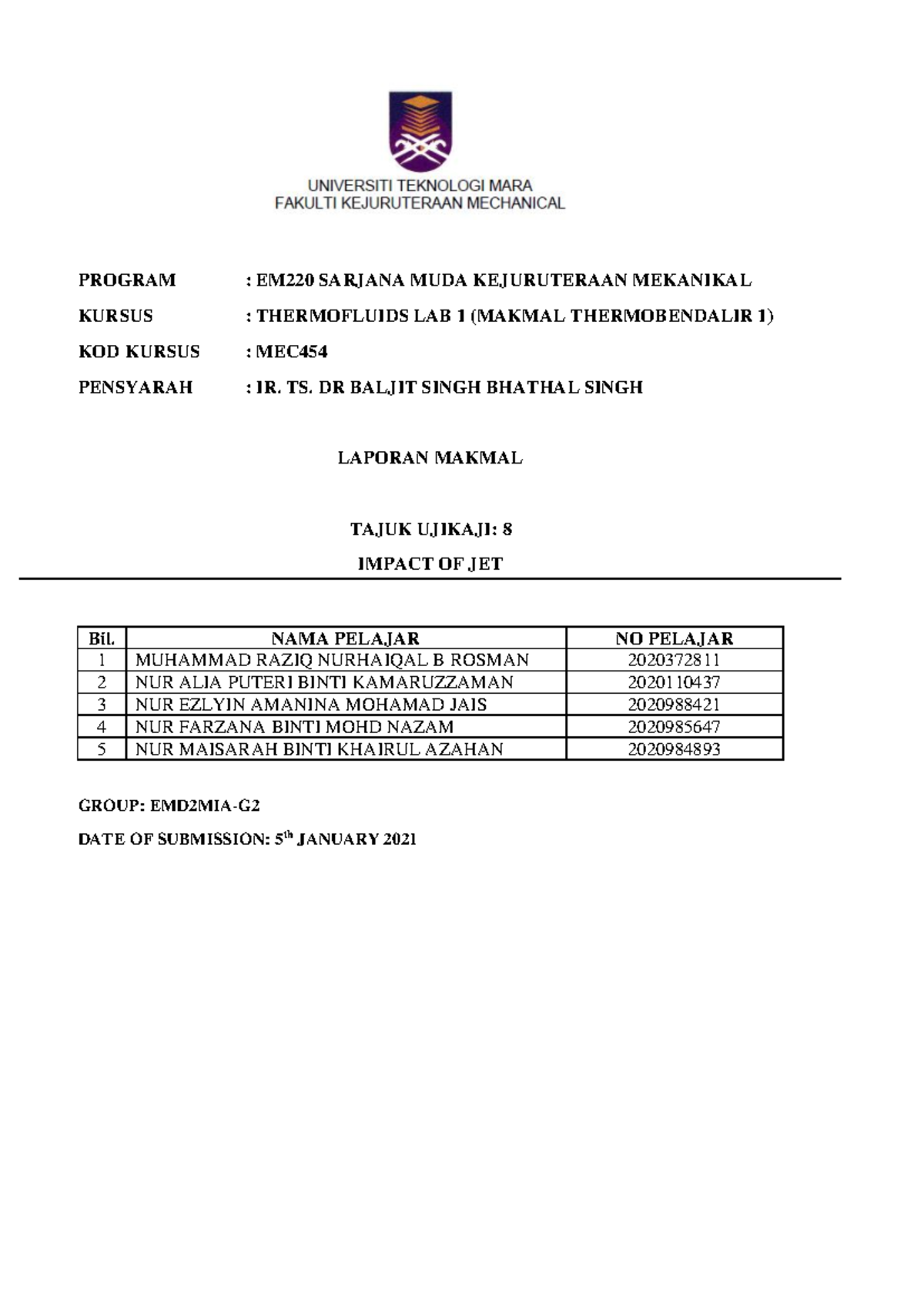 MEC454 Lab Report 8: Evaluating Jet Impact on Flat & Curved Surfaces ...