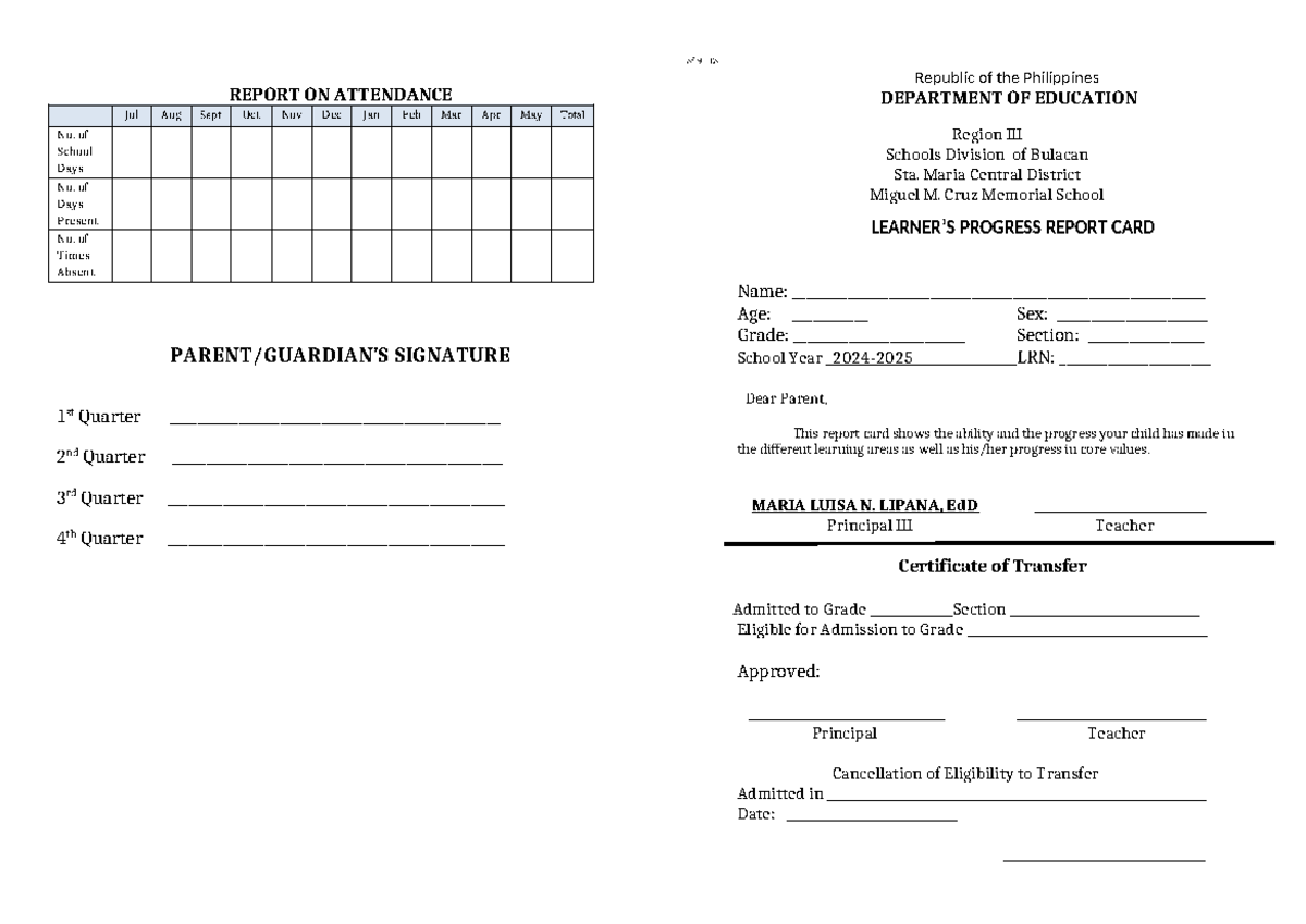 SF9 Learners Progress Report Card Template for Grade 1 (2024-2025 ...