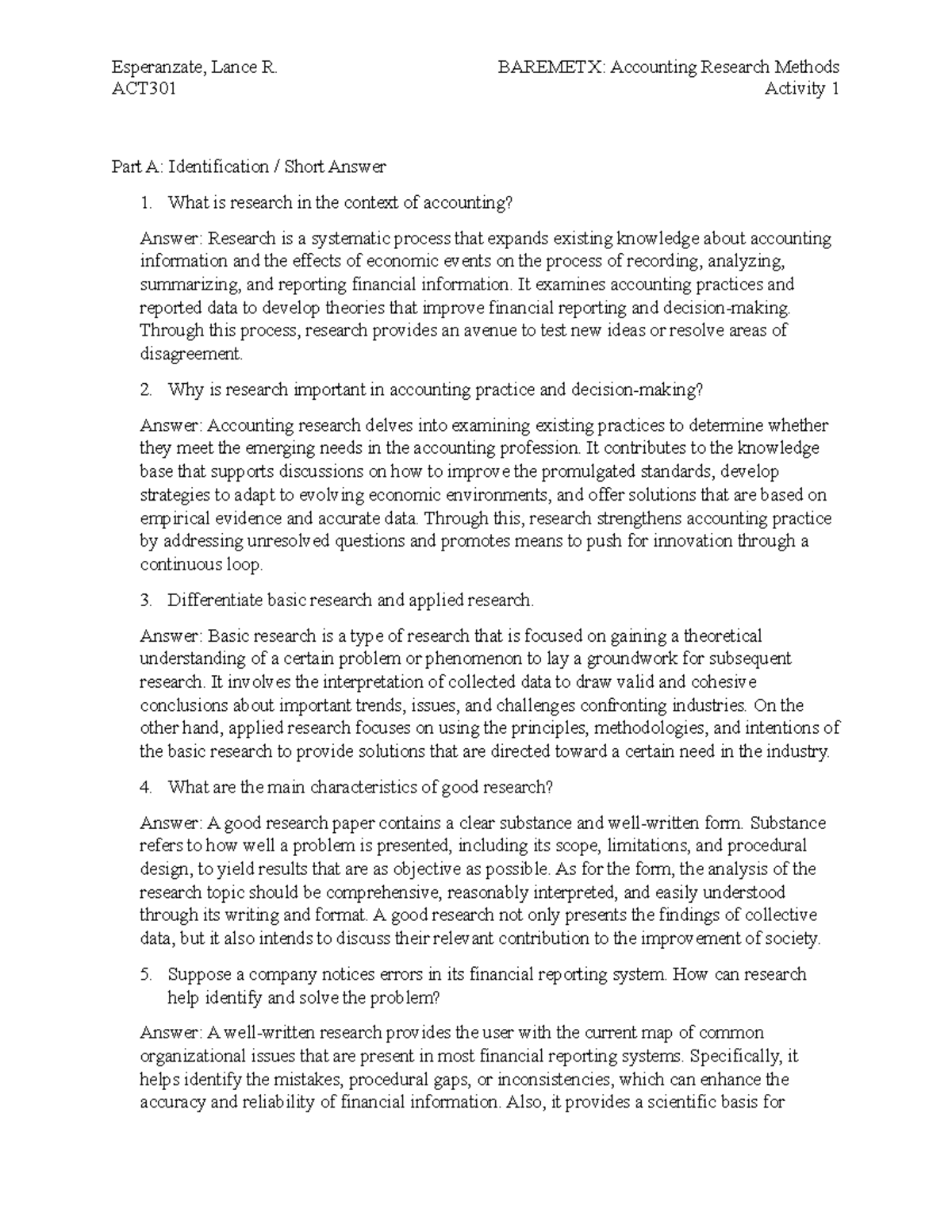 ACT301 BAREMETX: Accounting Research Methods Activity 1 Insights - Studocu