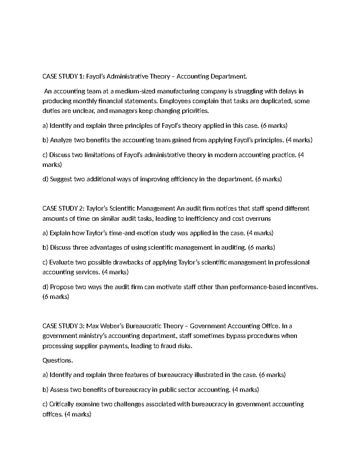 CASE STUDY QUESTIONS: Theories in POM (Principles of Management) - Studocu