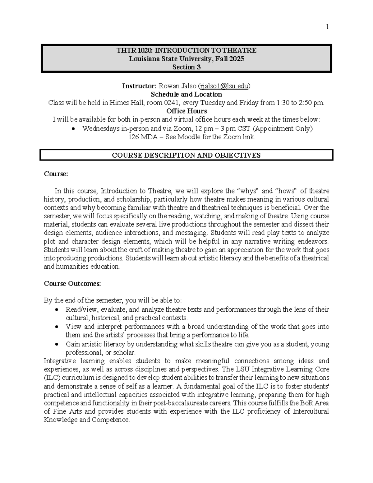 THTR 1020: Intro to Theatre Syllabus & Course Overview - Fall 2025 ...