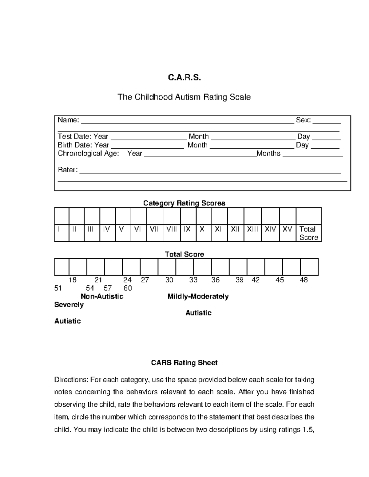 Childhood Autism Rating Scale (C.A.R.S) Assessment Sheet and Guide ...