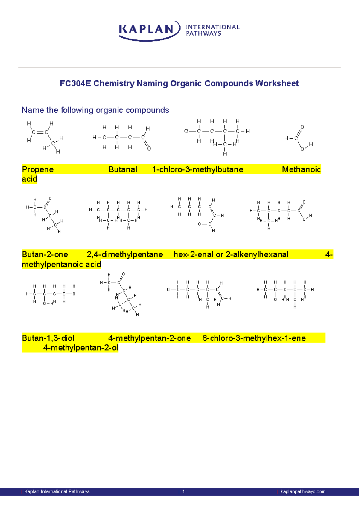 Naming Organic Compounds Worksheet