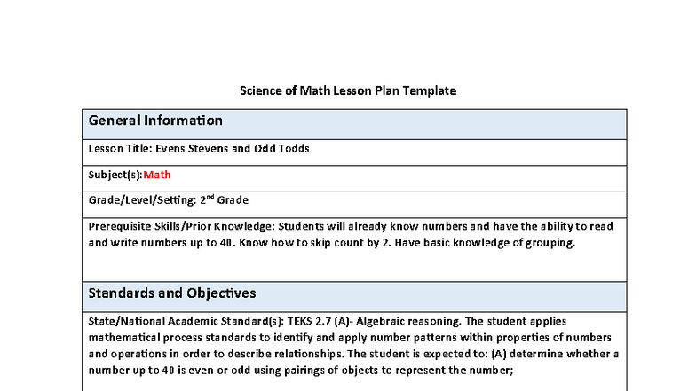 Math 2nd Grade Lesson Plan: Evens Stevens & Odd Todds - Studocu