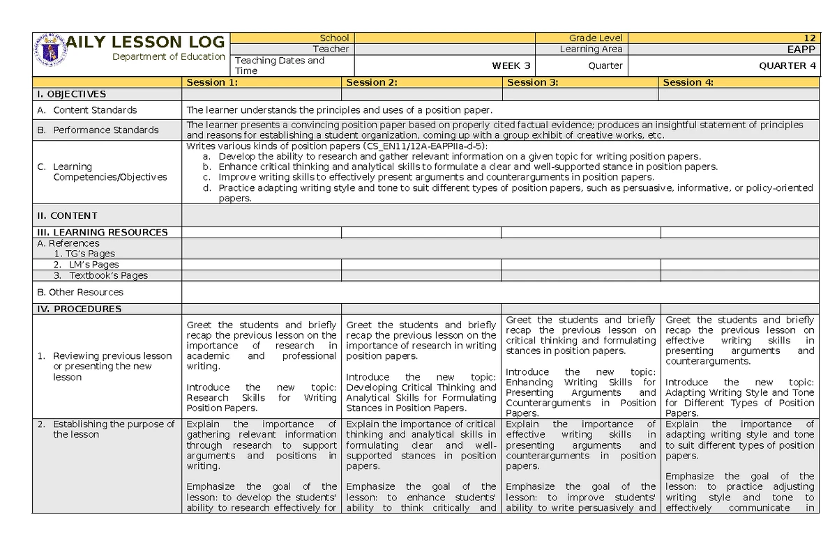 EAPP Q4 W7 - Comprehensive Daily Lesson Log on Data Collection Skills ...