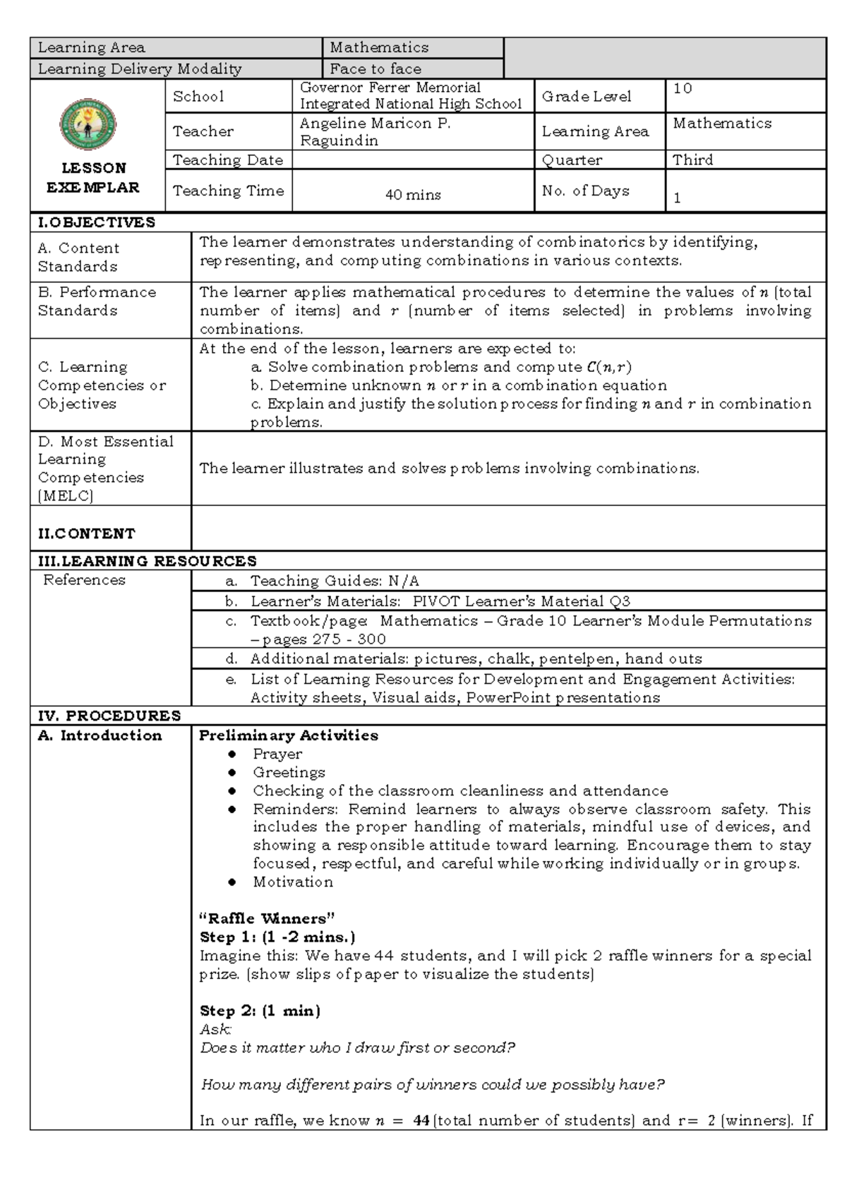 Mathematics 10: Combinations Lesson Exemplar - Finding n and r - Studocu