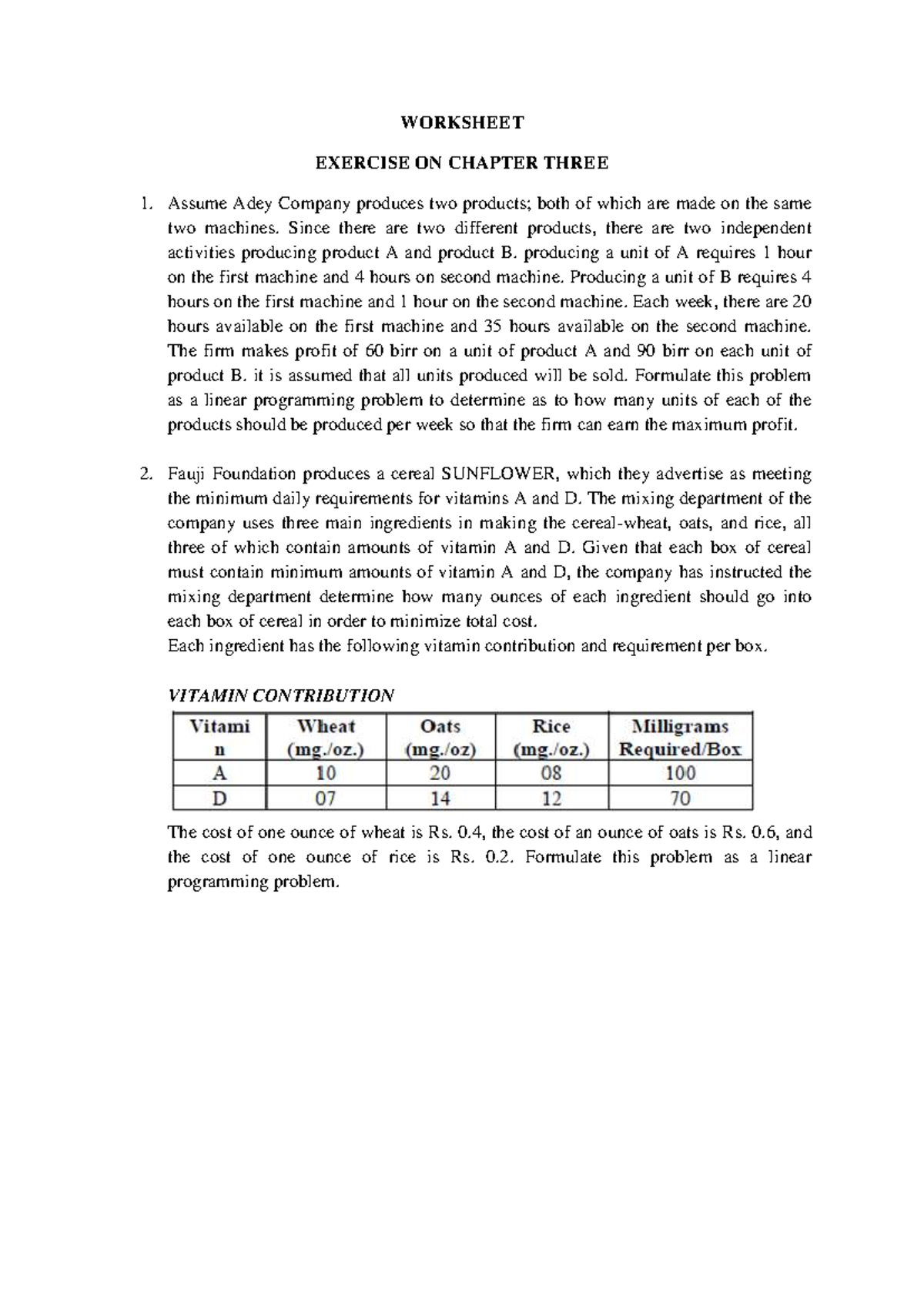 Worksheet Exercise on Chapter 3: Linear Programming Problems - Studocu