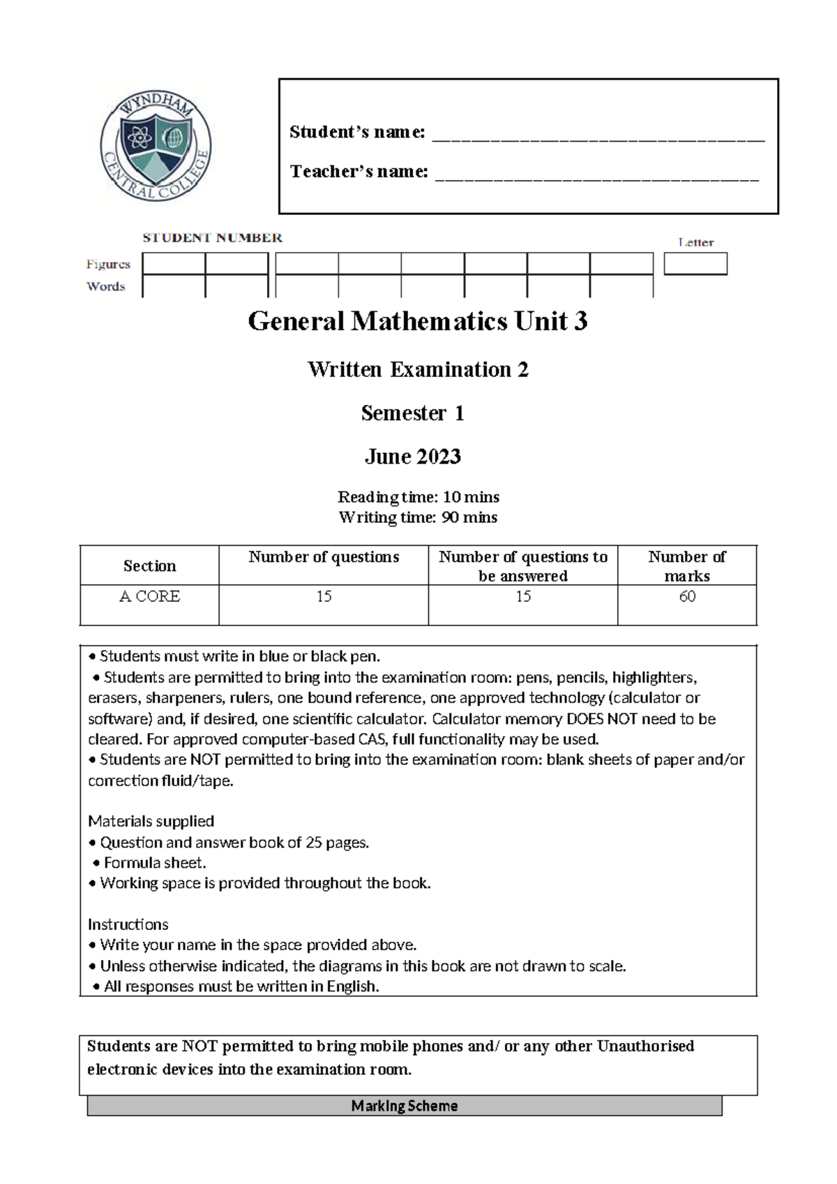 General Mathematics Unit 3 Final Exam 2 Semester 1 June 2023 - Studocu