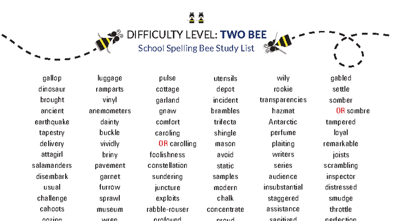 DIFFICULTY LEVEL: TWO BEE School Spelling Bee Study List - Studocu