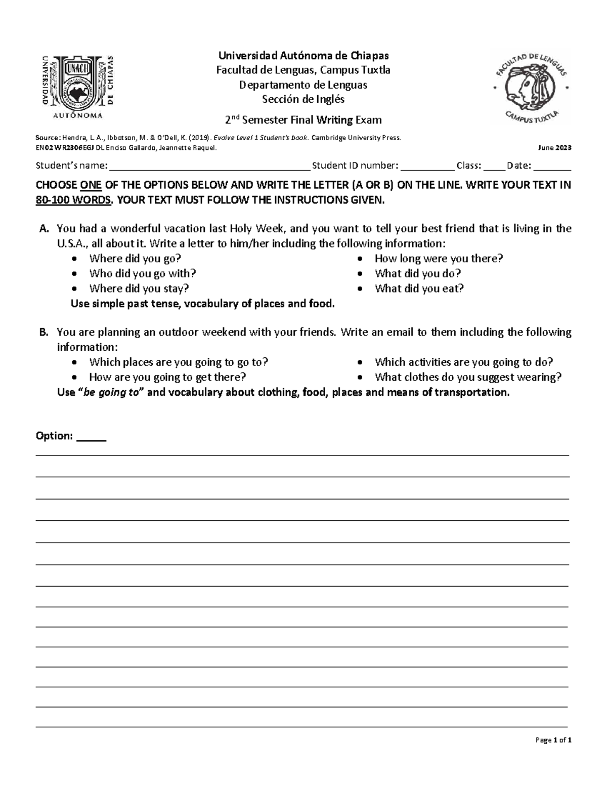 EN02 WR2306EGJ 2nd Sem Final Writing Exam - Letter & Email Options ...